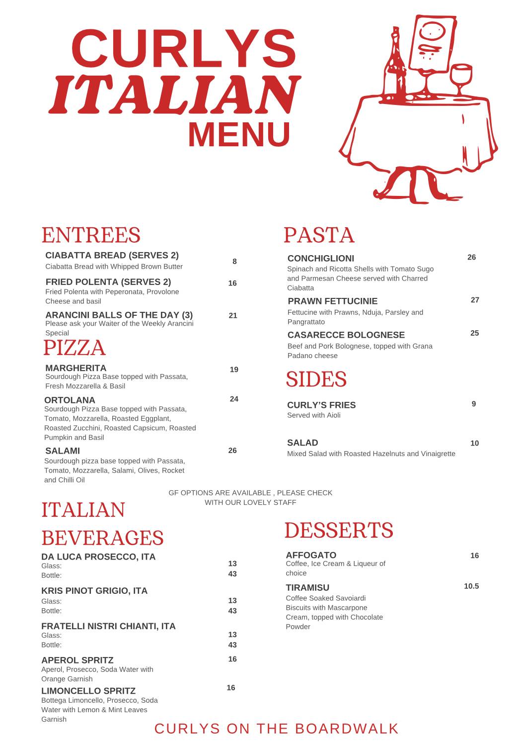 Menu at Curlys on the Boardwalk restaurant, Mount Coolum