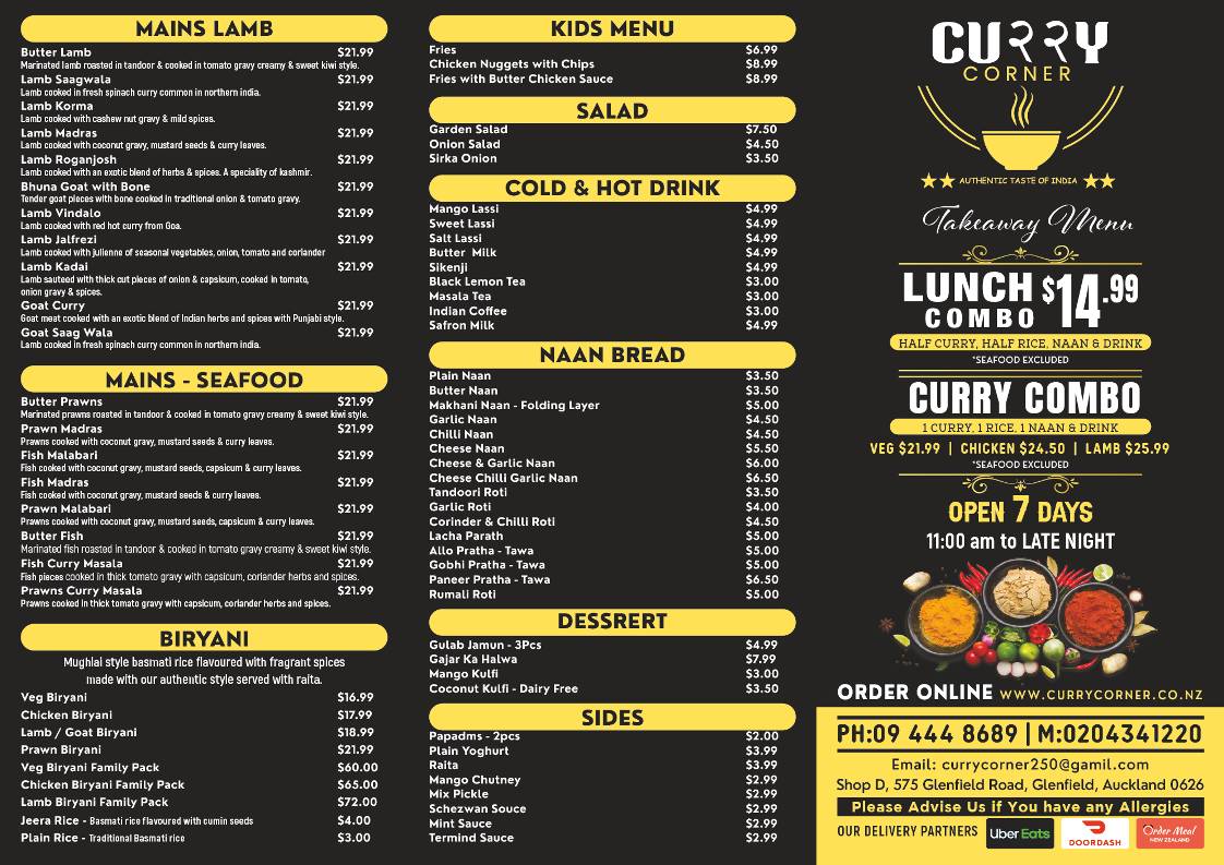 Menu at Curry Corner Indian takeaway Restaurant, Auckland