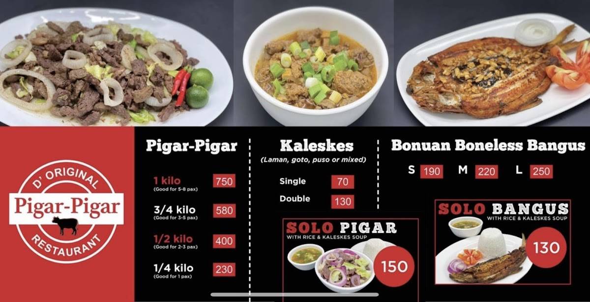 Menu at D’ Original Pigar Pigar restaurant, Quezon City