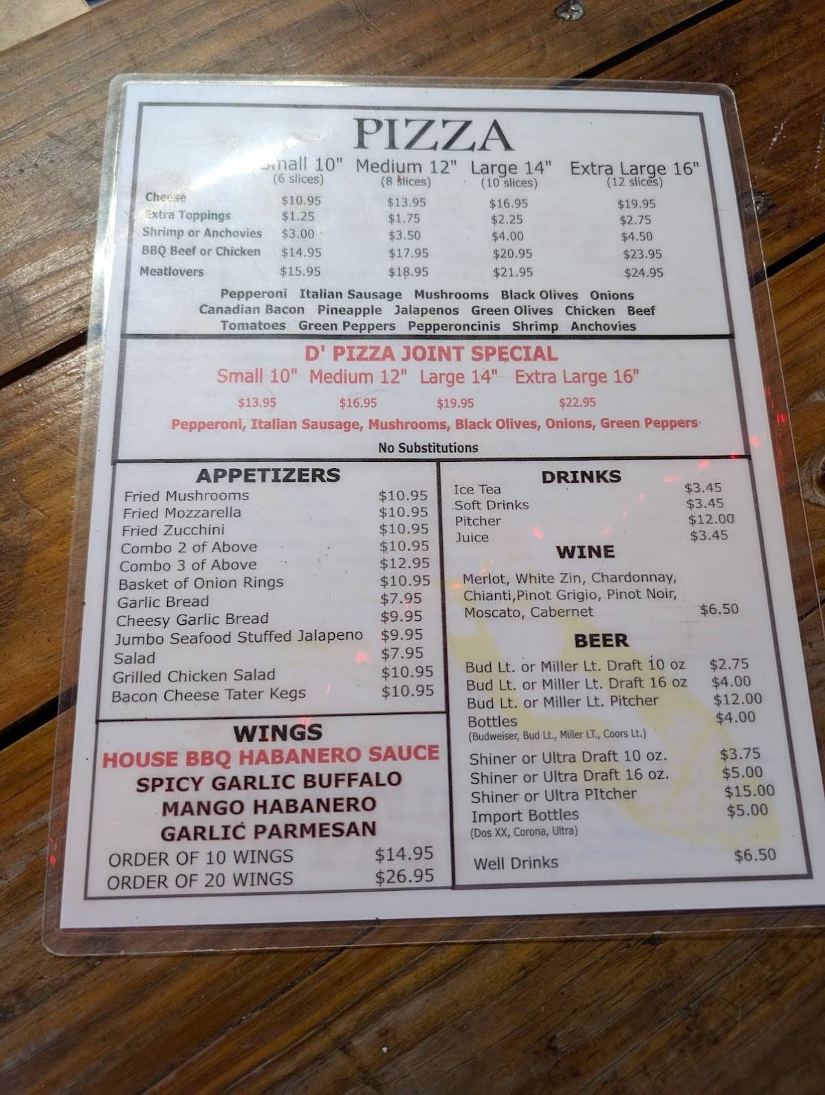 Menu at D Pizza Joint pizzeria, South Padre Island