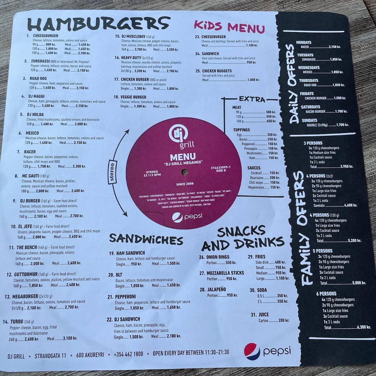 Menu at DJ Grill restaurant, Akureyri