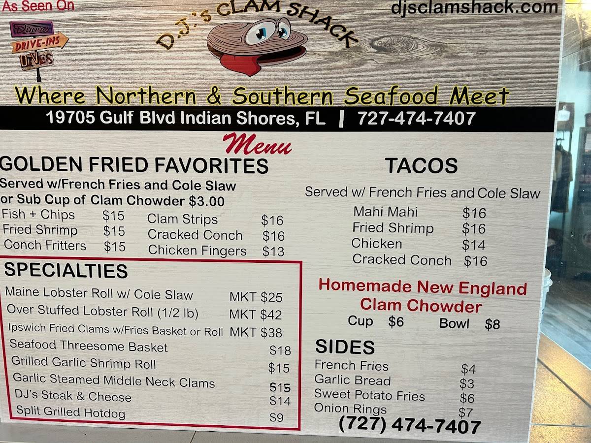 Menu at DJs Clam Shack Indian Shores restaurant, Indian Shores