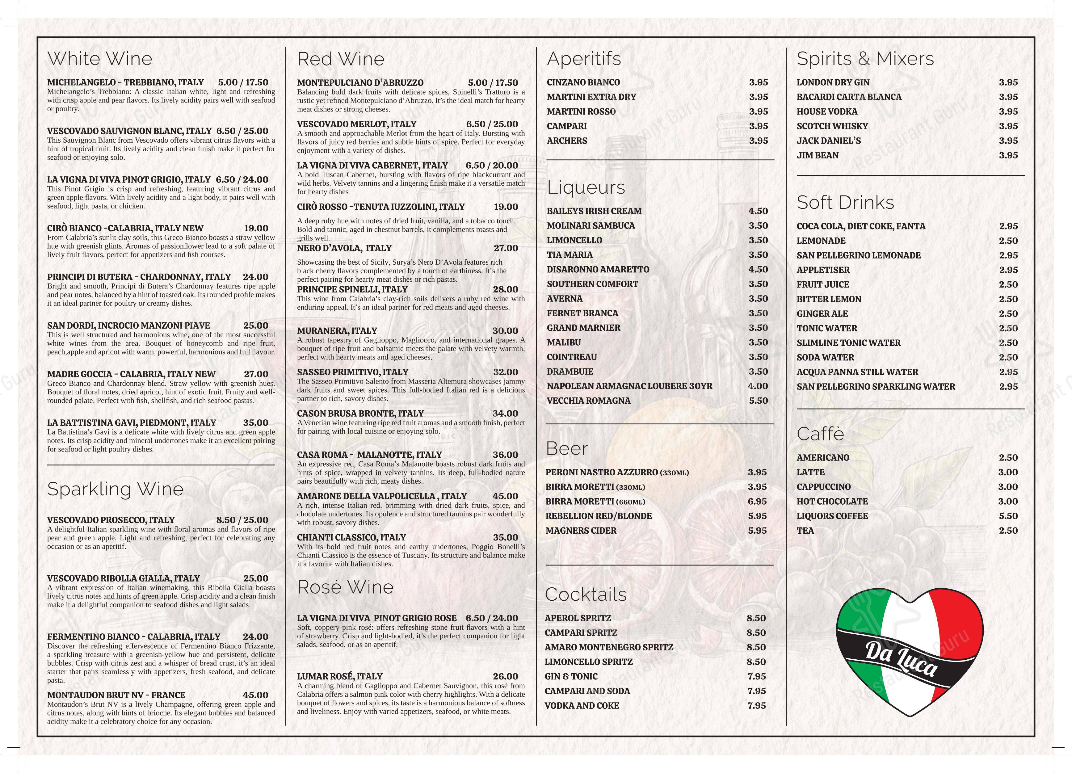 Menu at Da Luca Restaurant, Marlow