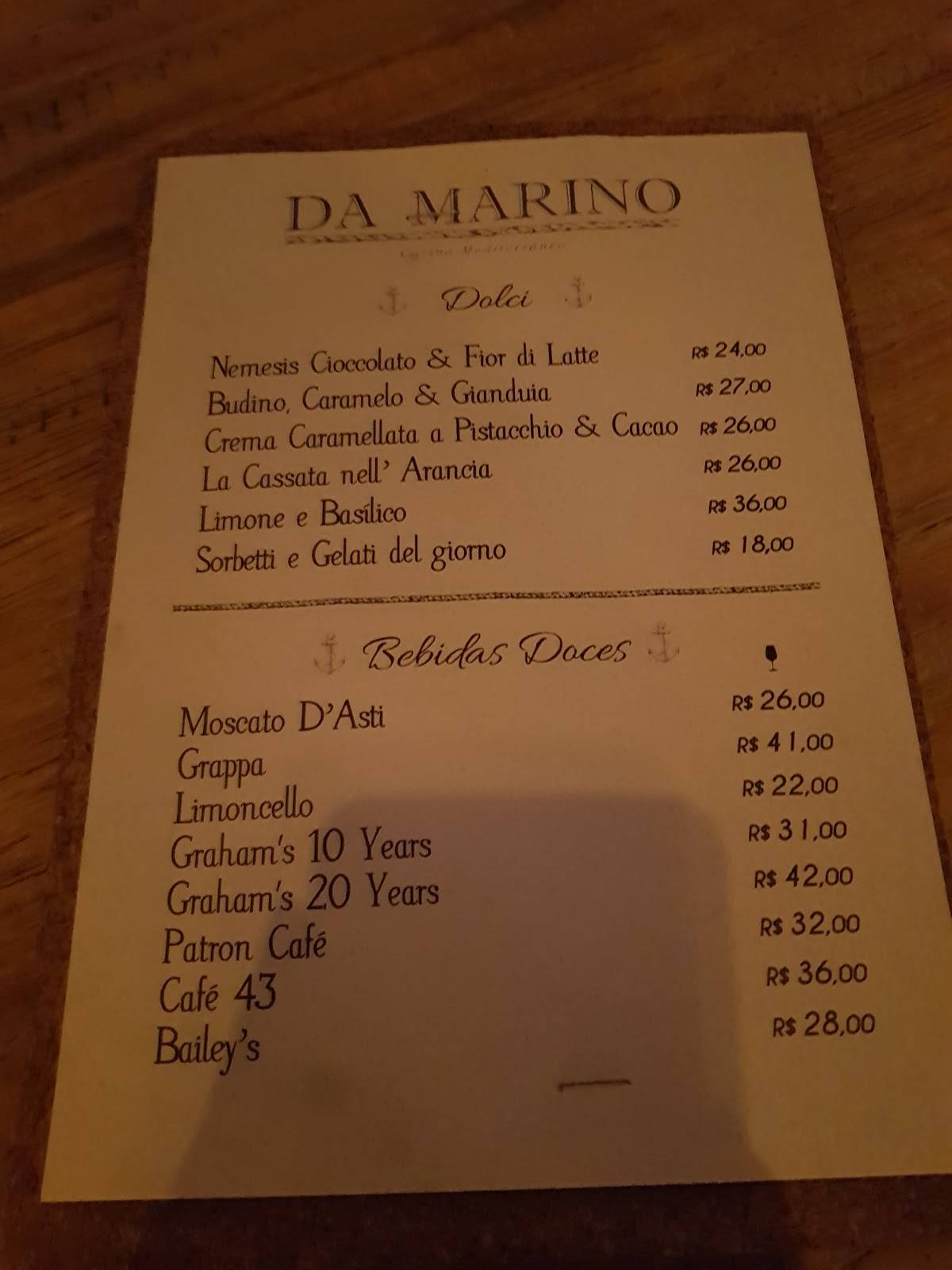Menu em Da Marino restaurante, São Paulo