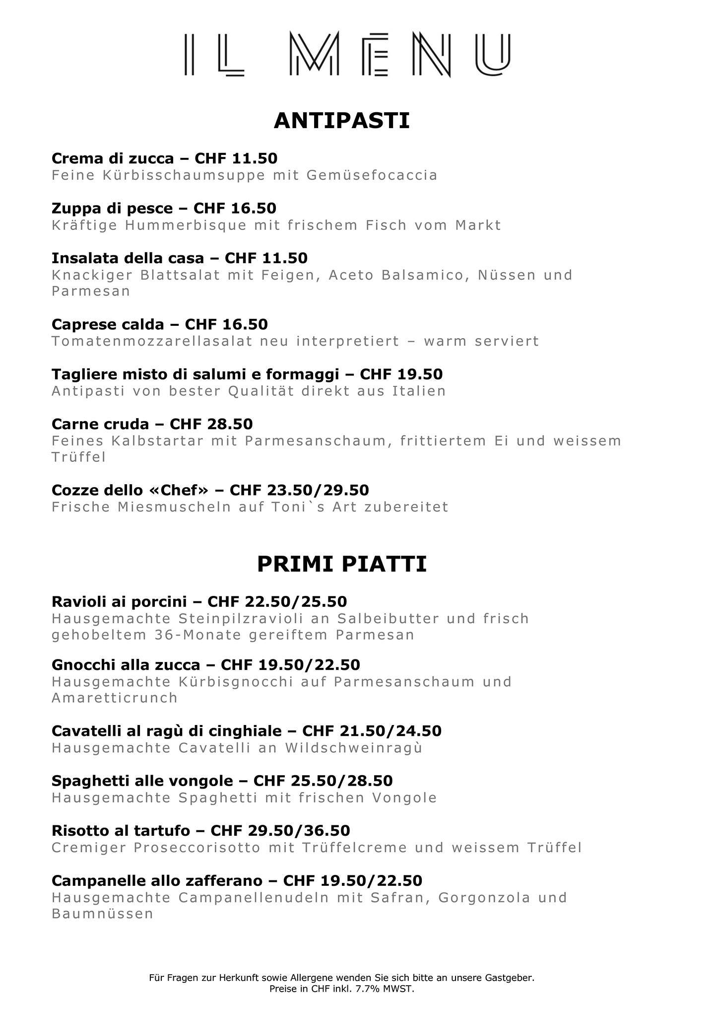 Speisekarte von Da Noi, Chur