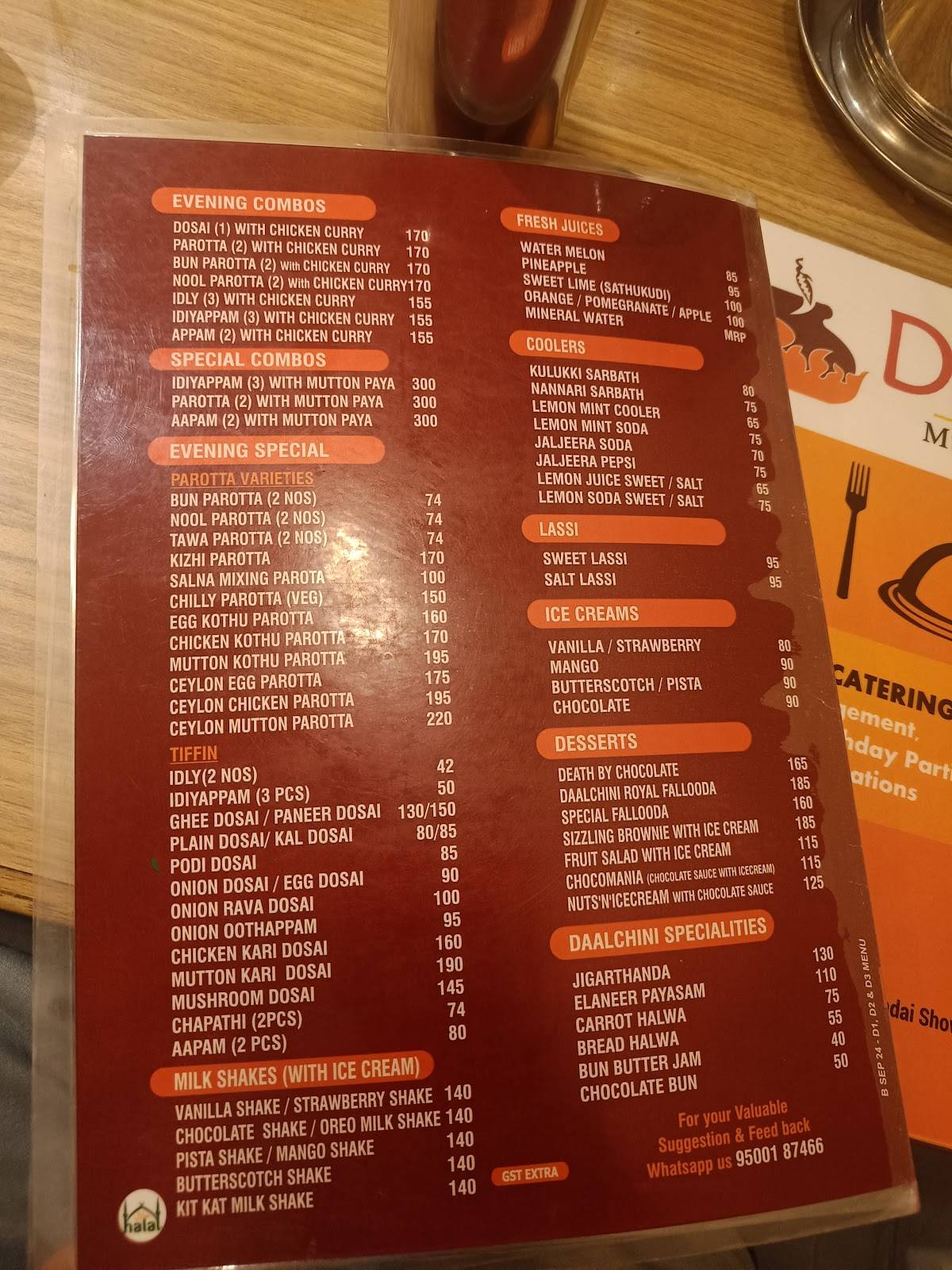 Menu at Daalchini, Chennai, No.13