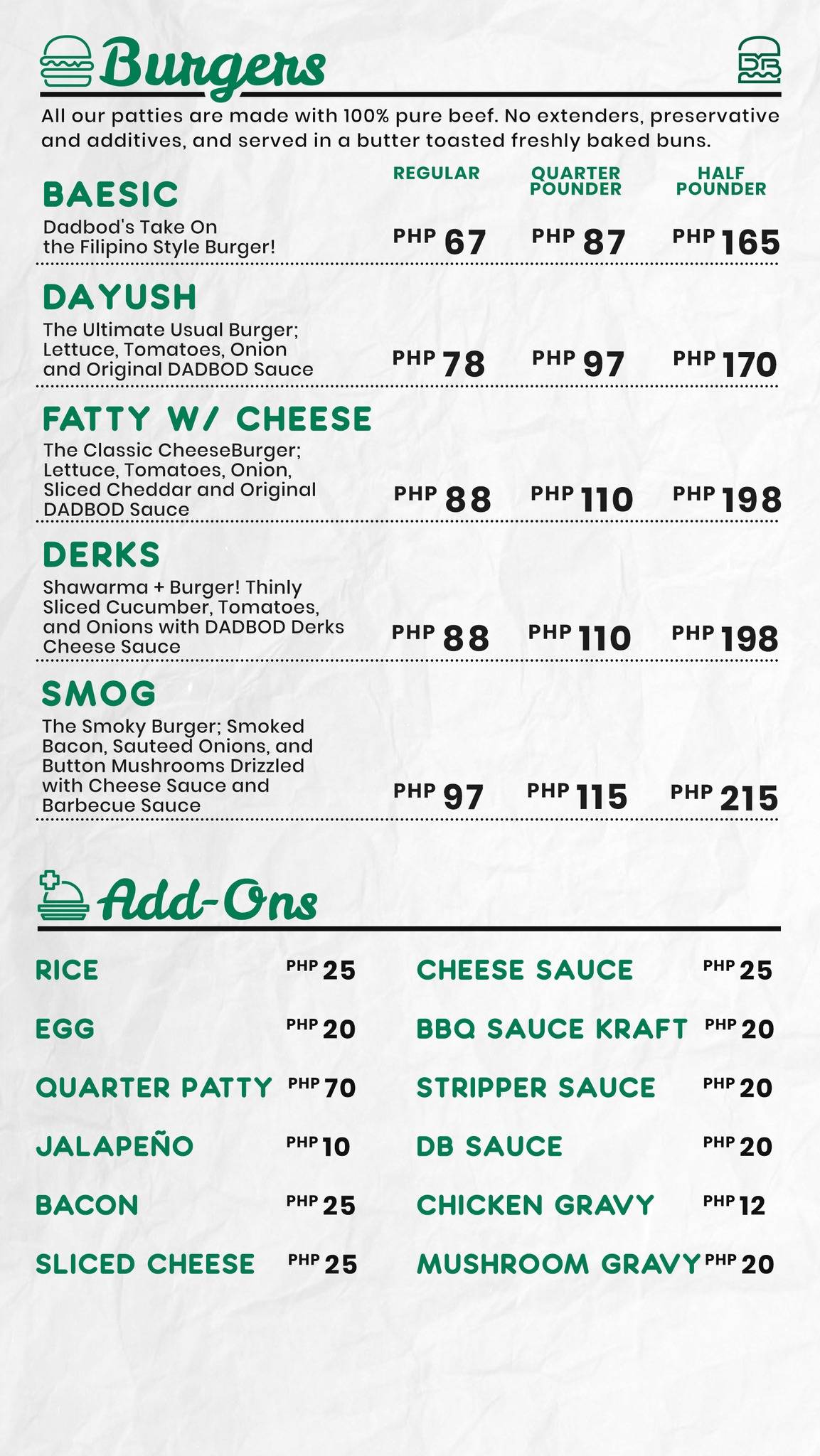 Menu at DadBod restaurant, Lucena, 67 Hermana Fausta St
