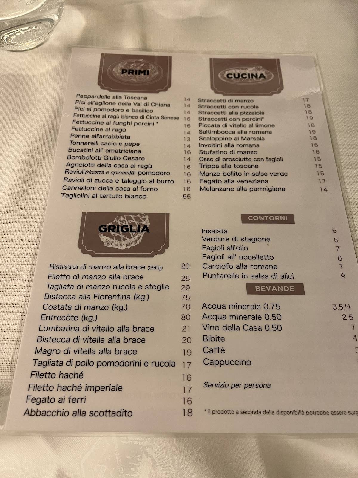 Menu au Dal Toscano Restaurant, Rome, Via Germanico