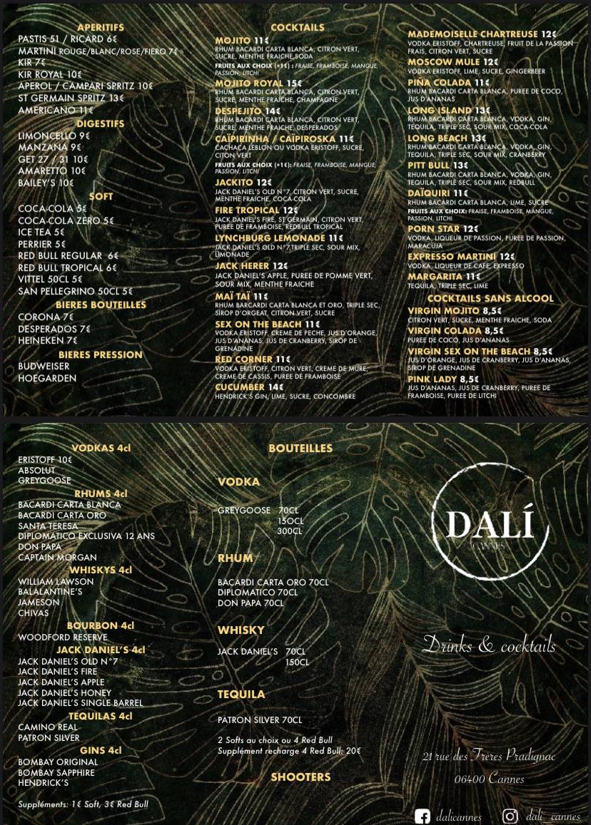Menu au Dalí pub et bar, Cannes