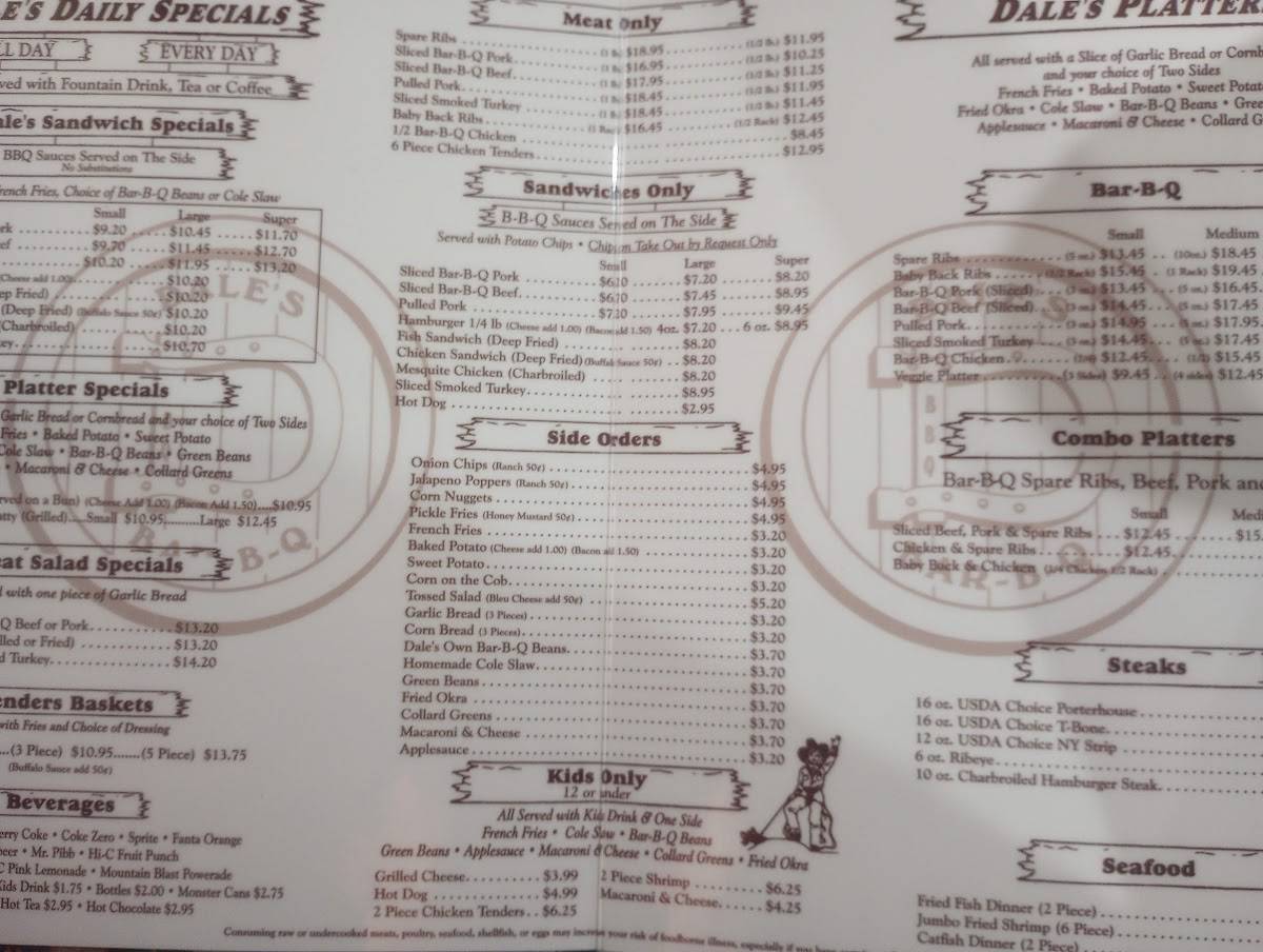 Menu at Dale's BBQ South, Fort Pierce