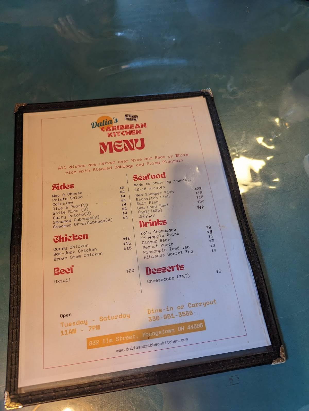 Menu at Dalia’s Caribbean Kitchen restaurant, Youngstown