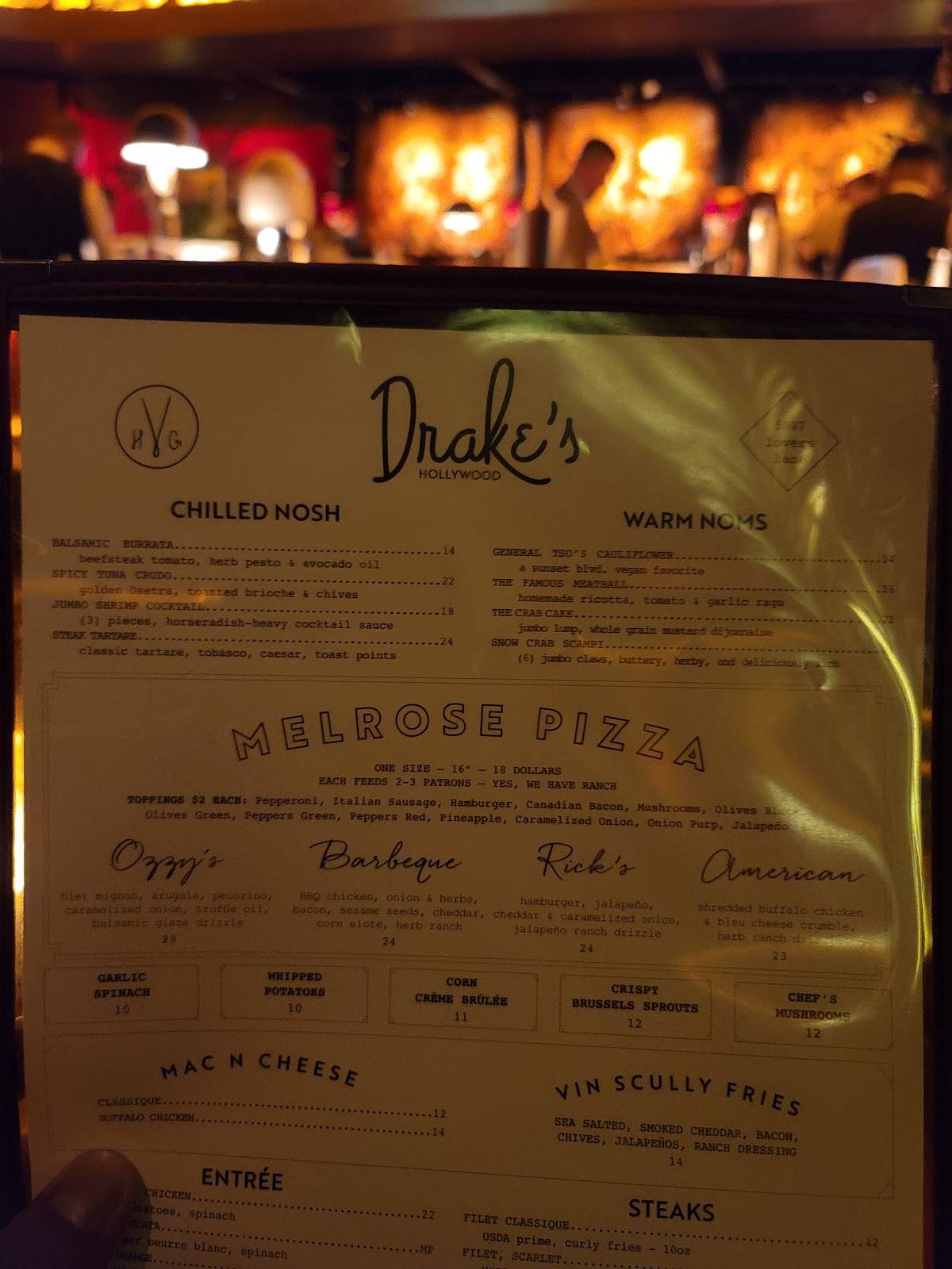 Menu at Drake's Hollywood restaurant, Dallas