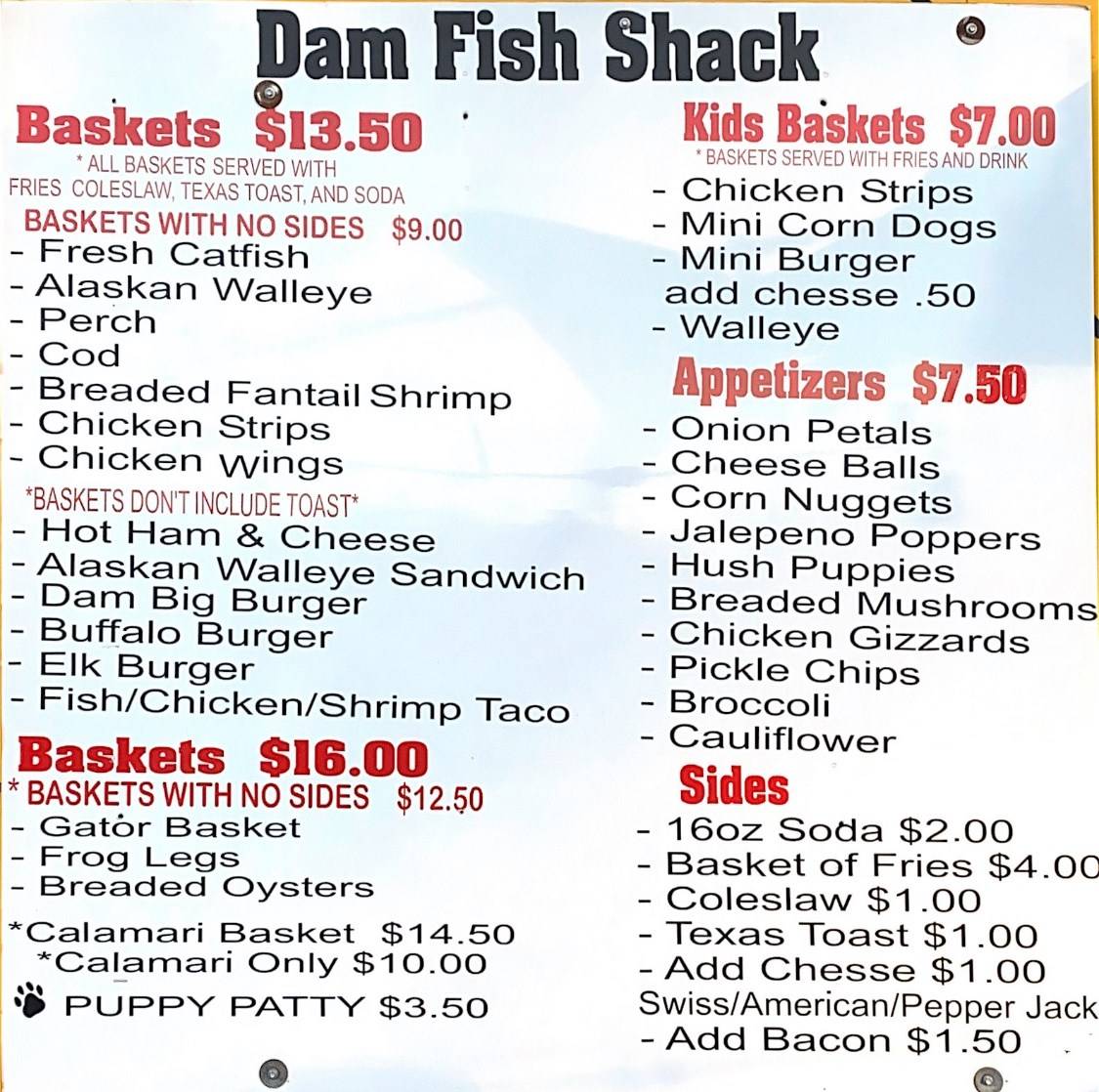 Menu at Dam Fish Shack restaurant, USA, Highway 121