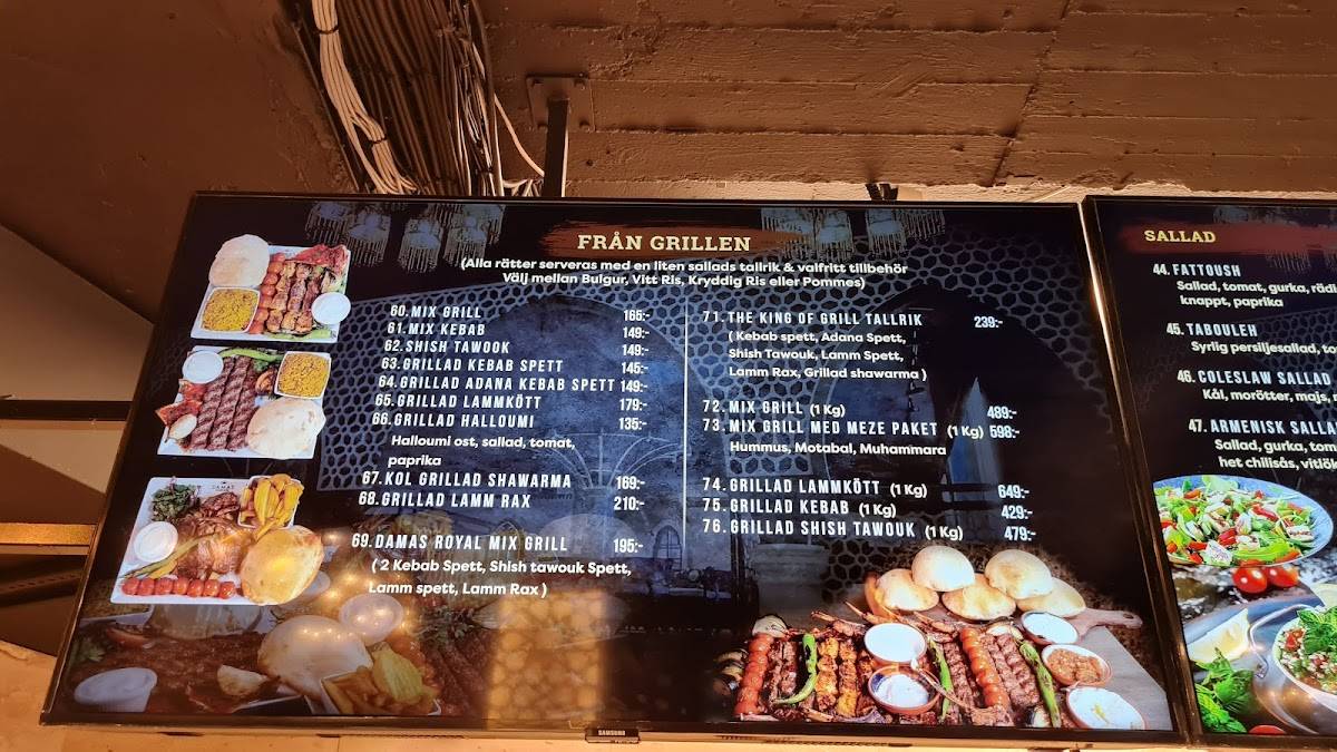 Menu at Damas restaurant, Malmö