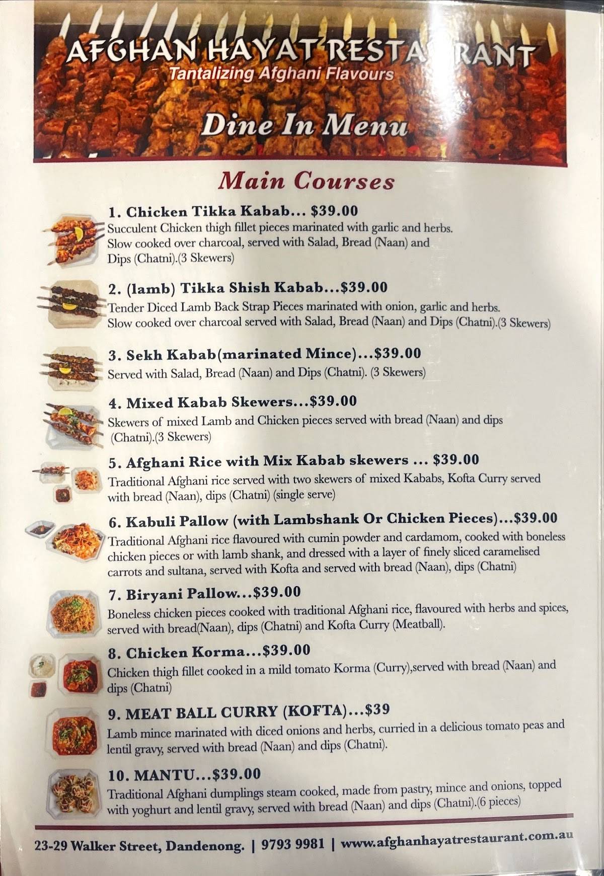 Menu at Afghan Hayat Restaurant, Dandenong, 23/29 Walker St