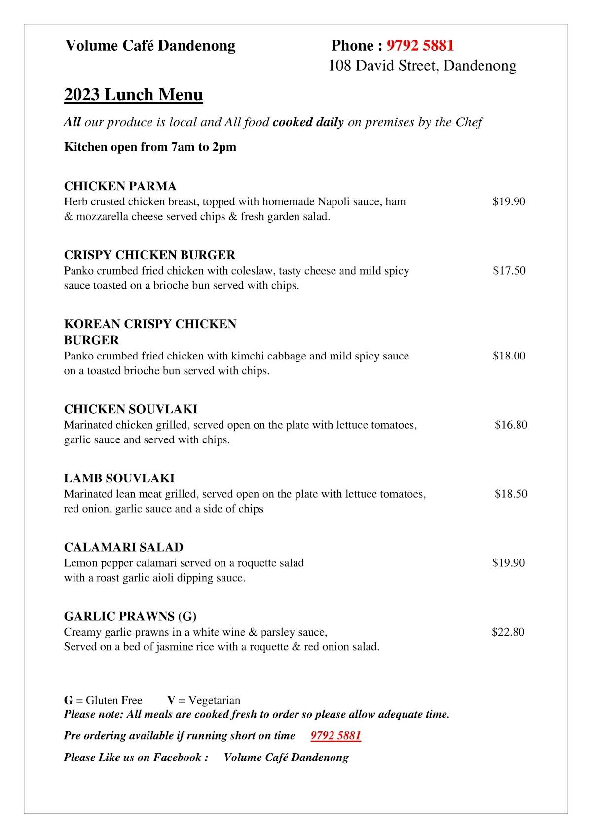 Menu at Volume Cafe Dandenong, Dandenong