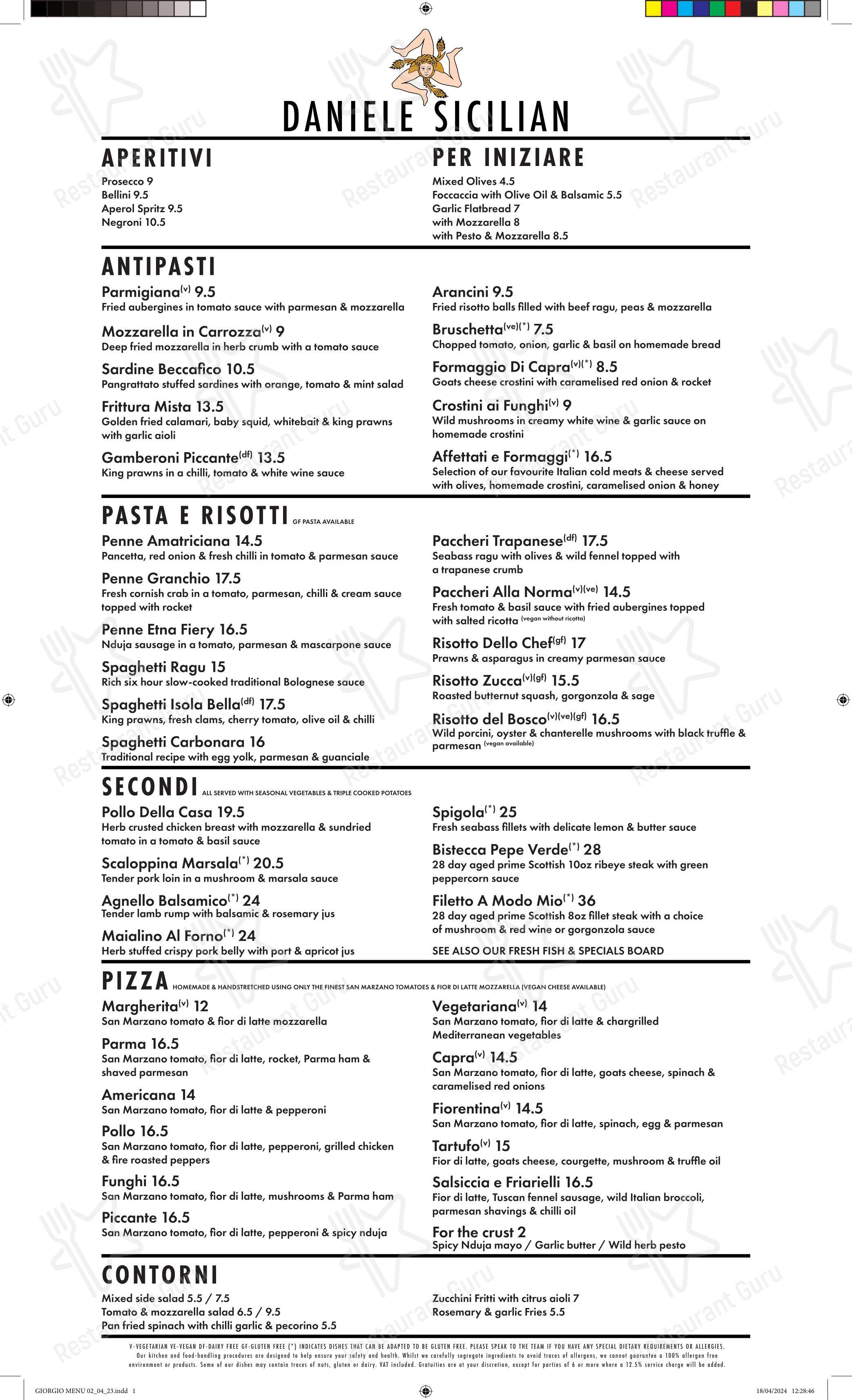 Menu at Daniele Sicilian Restaurant, Farnham
