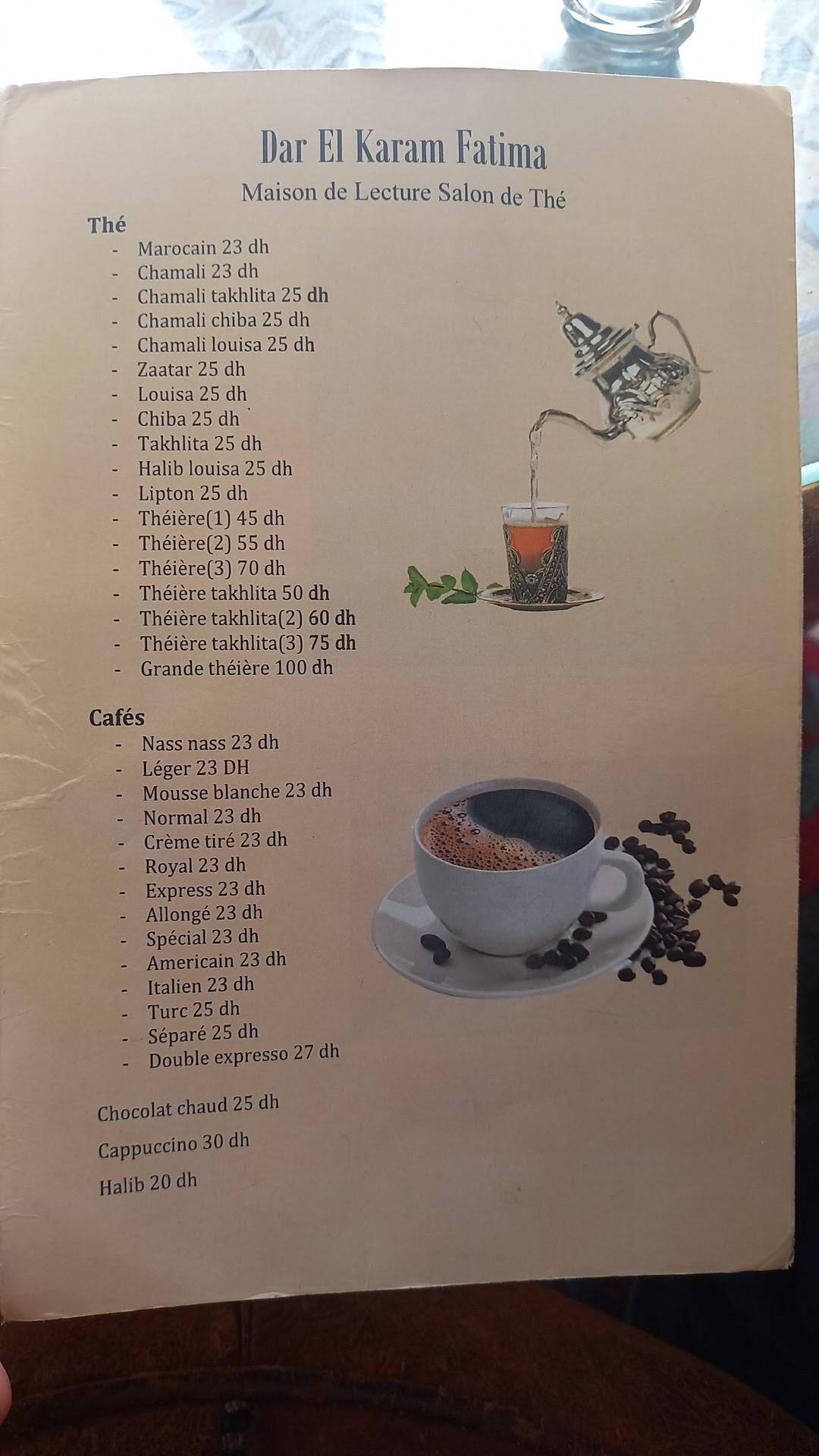 Menu au Dar El Karam Fatima café, Rabat
