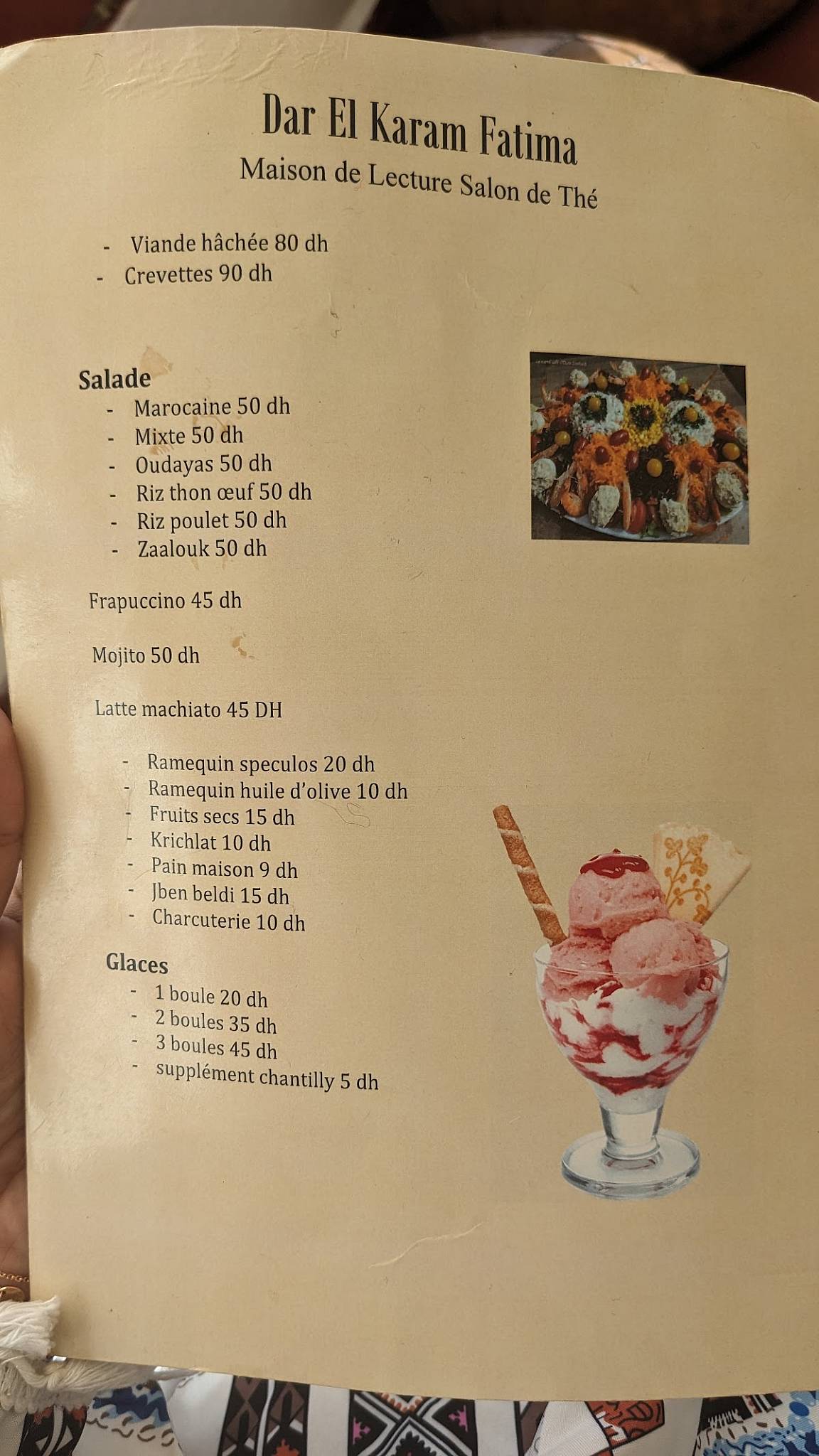 Menu au Dar El Karam Fatima café, Rabat