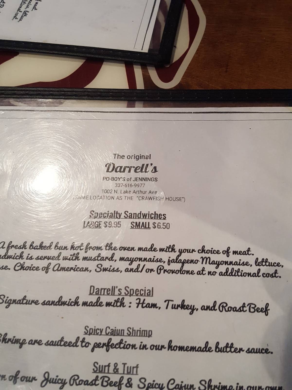 Menu at Darrell's of Jennings restaurant, Jennings