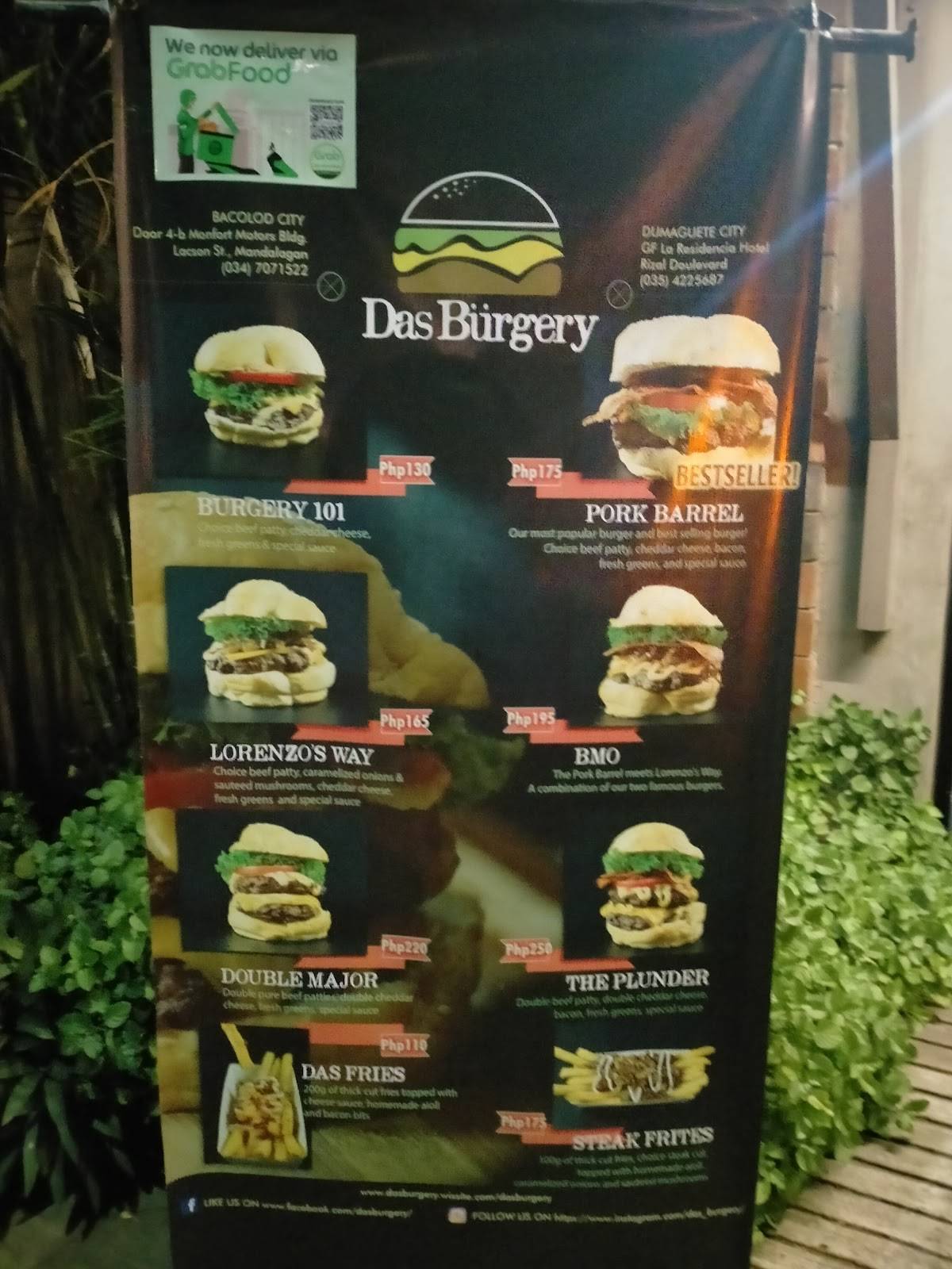 Carta del restaurante Das Burgery, Dumaguete