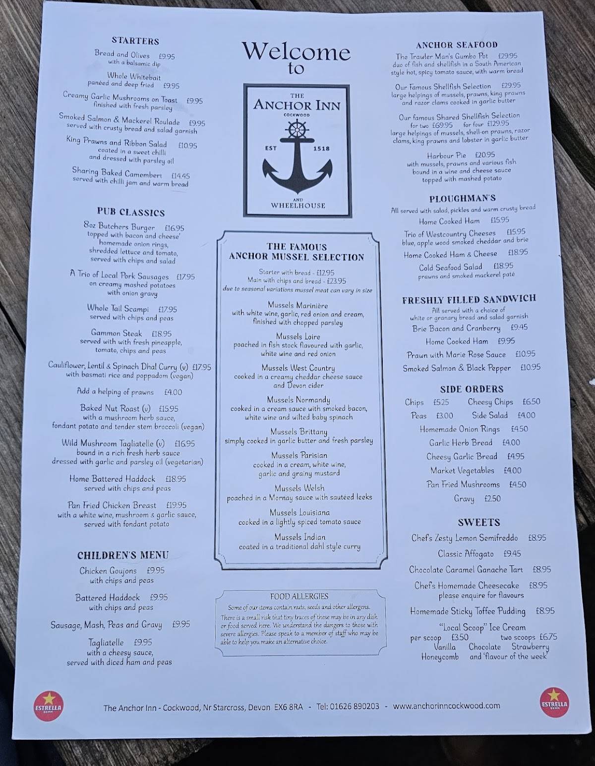 Menu at The Anchor Inn pub & bar, Exmouth