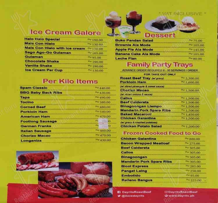 Menu at Dayrit's, Parañaque, First Level
