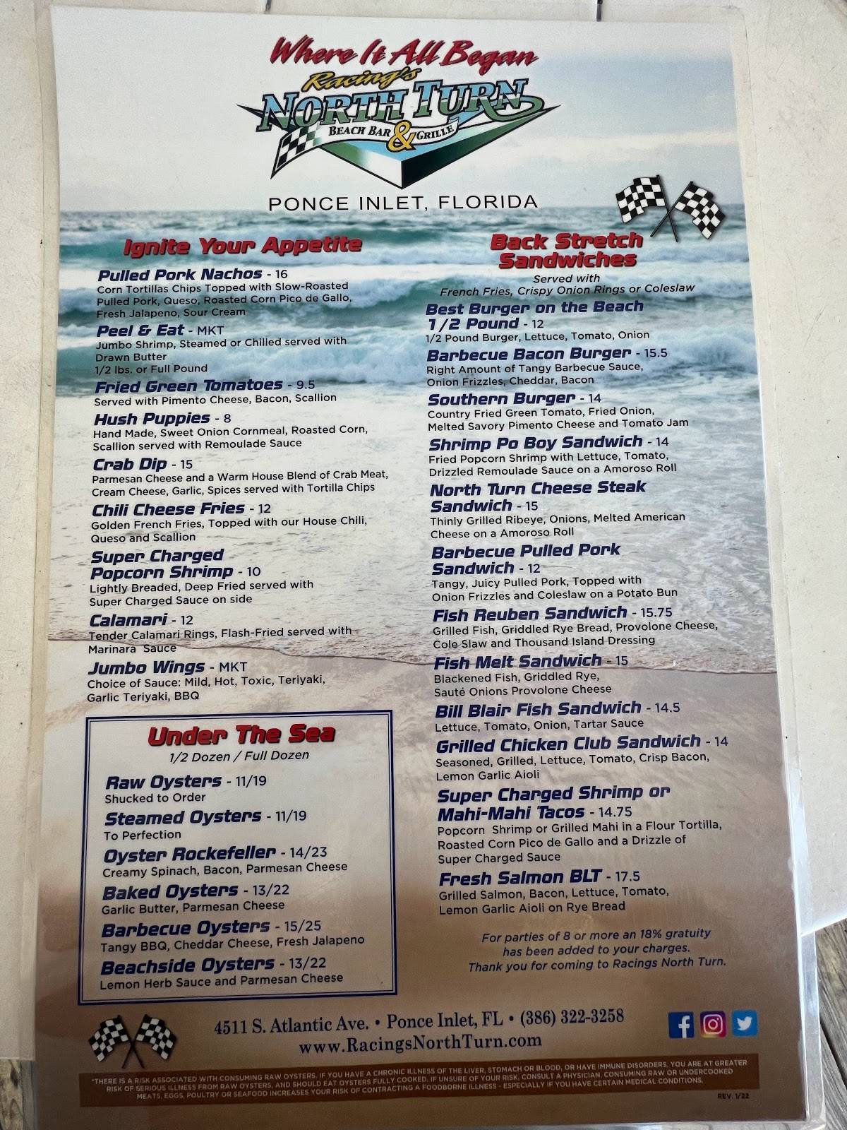 Menu at Racing's North Turn restaurant, Ponce Inlet