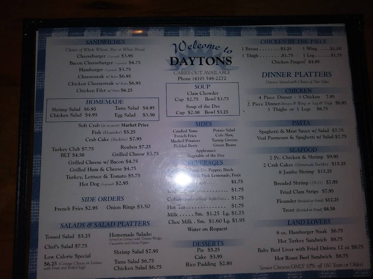 Menu at Dayton's Restaurant, Salisbury