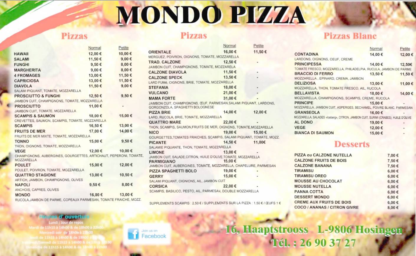 Speisekarte von De Mondo Pizza Sàrl, Park Hosingen