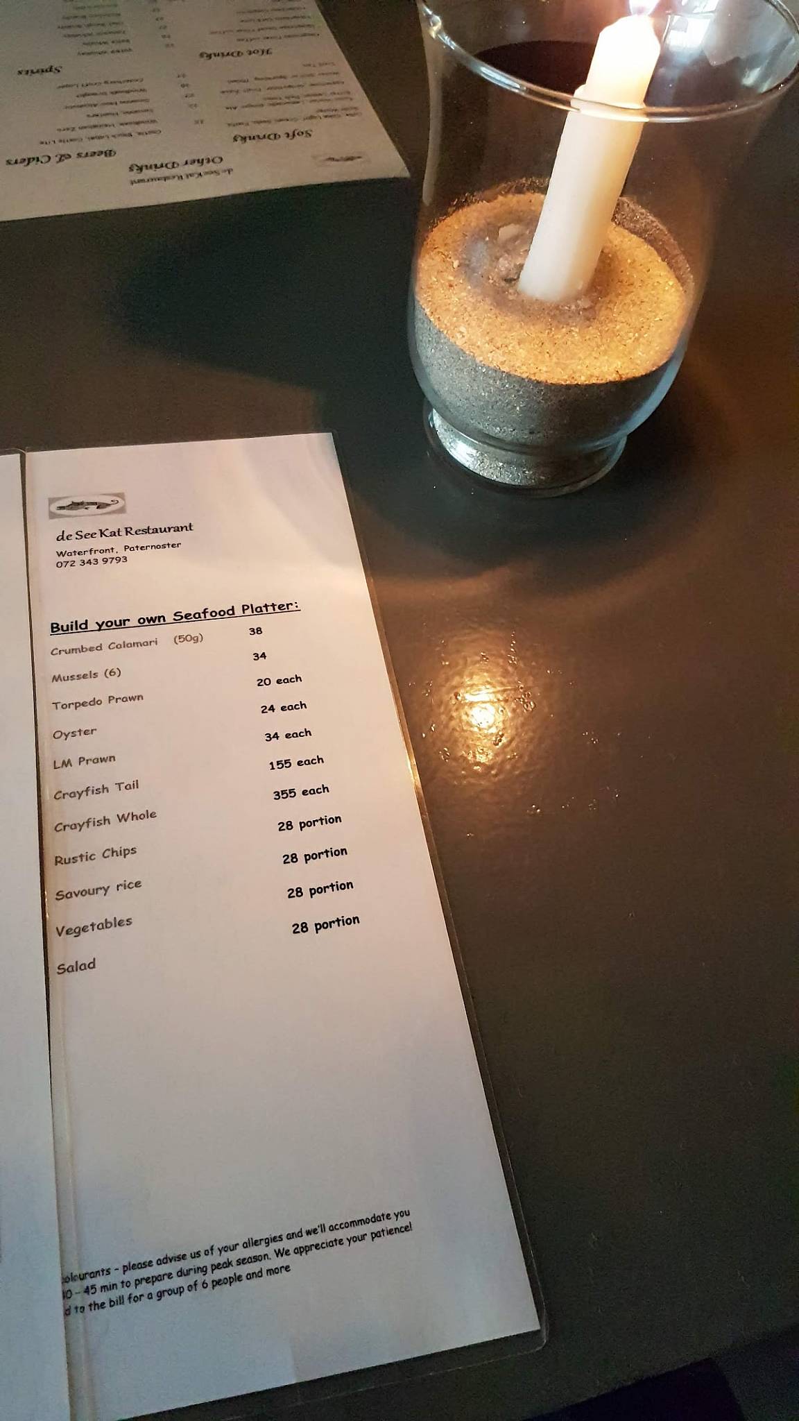 Menu at De See Kat Restaurant, Paternoster