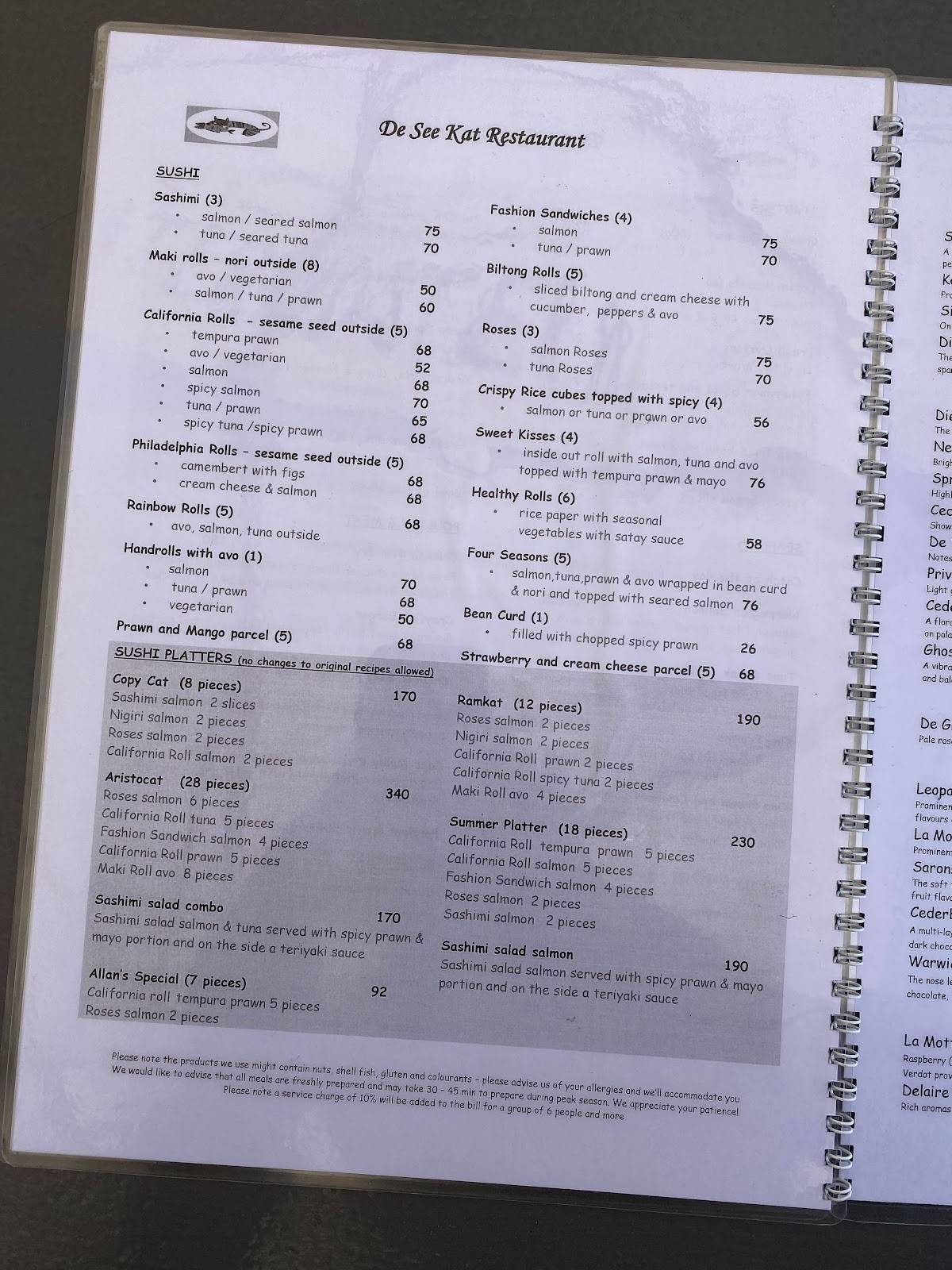 Menu at De See Kat Restaurant, Paternoster