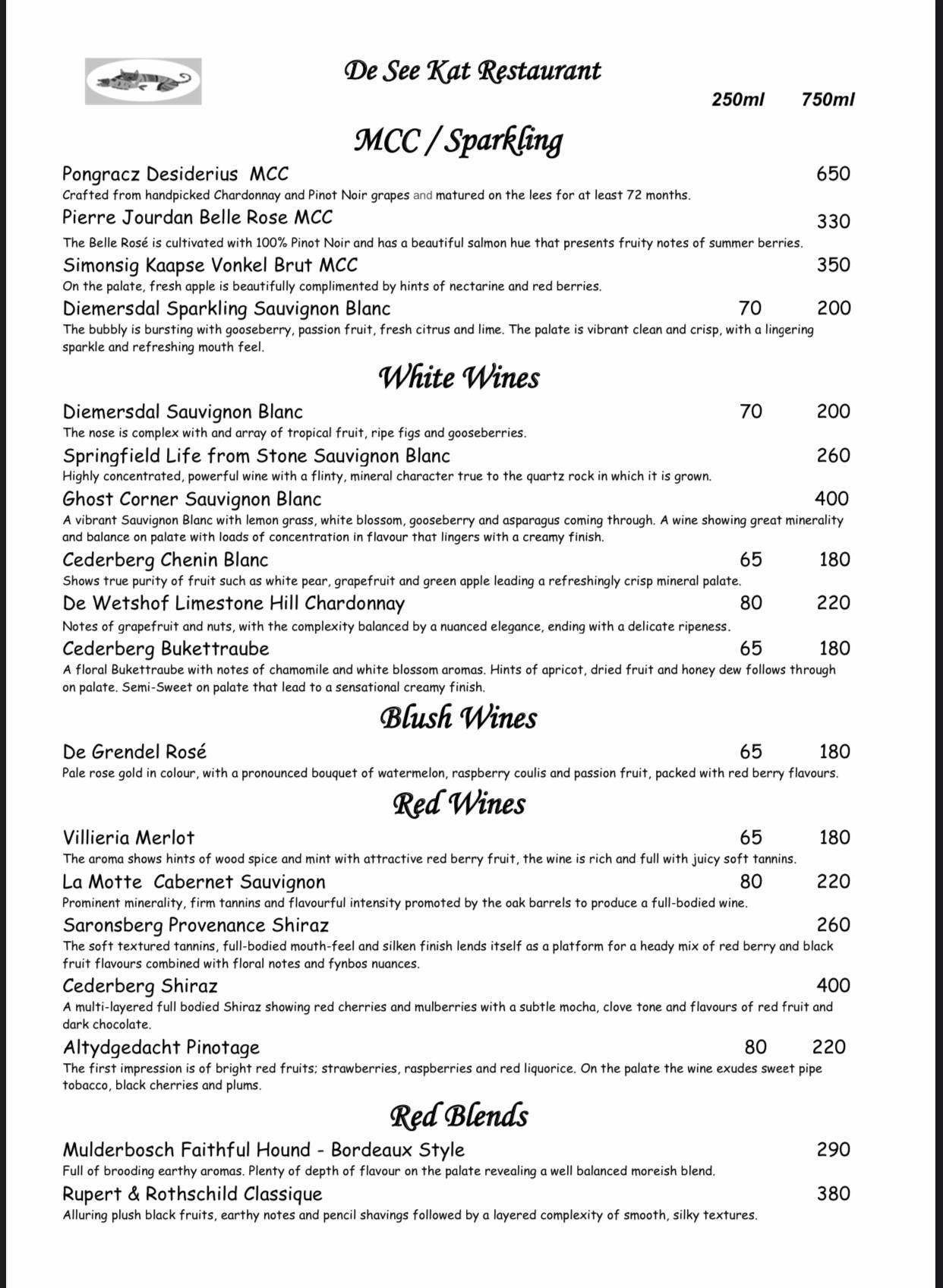 Menu at De See Kat Restaurant, Paternoster