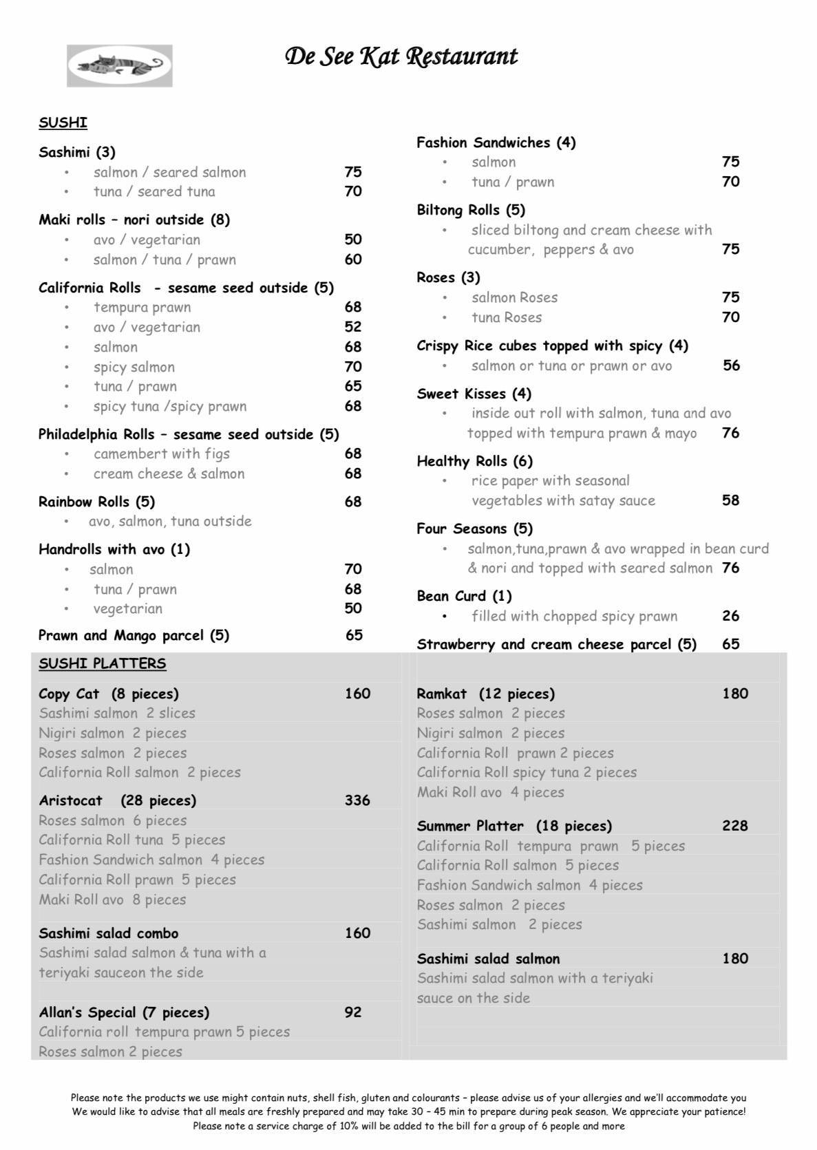 Menu at De See Kat Restaurant, Paternoster