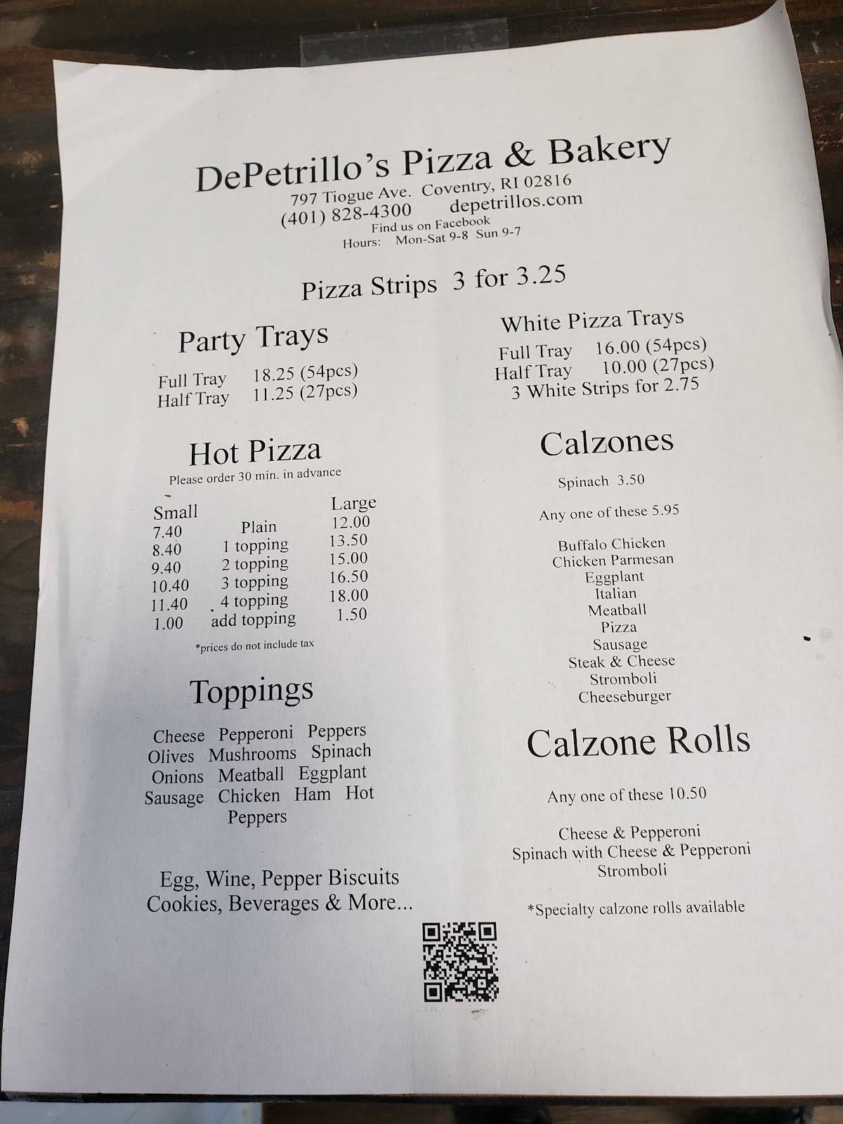 Menu at DePetrillo's Pizza & Bakery, Coventry, 797 Tiogue Ave