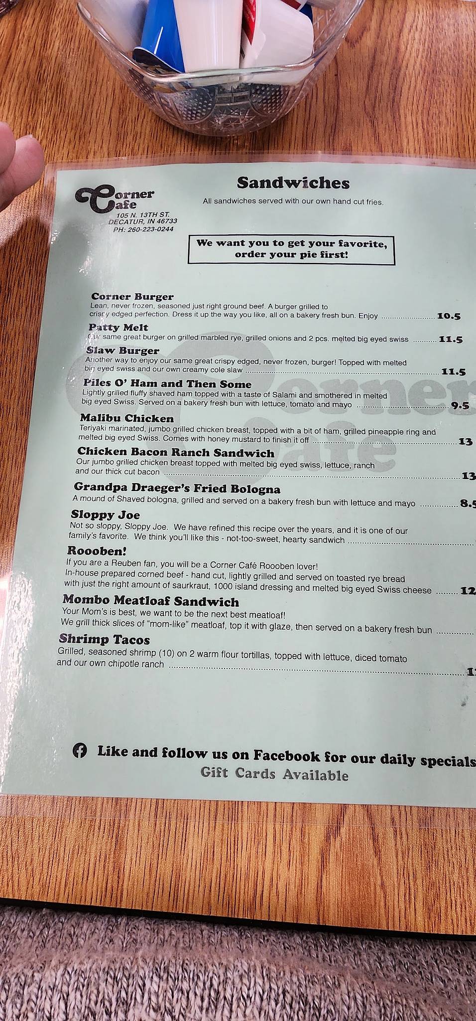 Menu at Corner Cafe, Decatur, 105 N 13th St