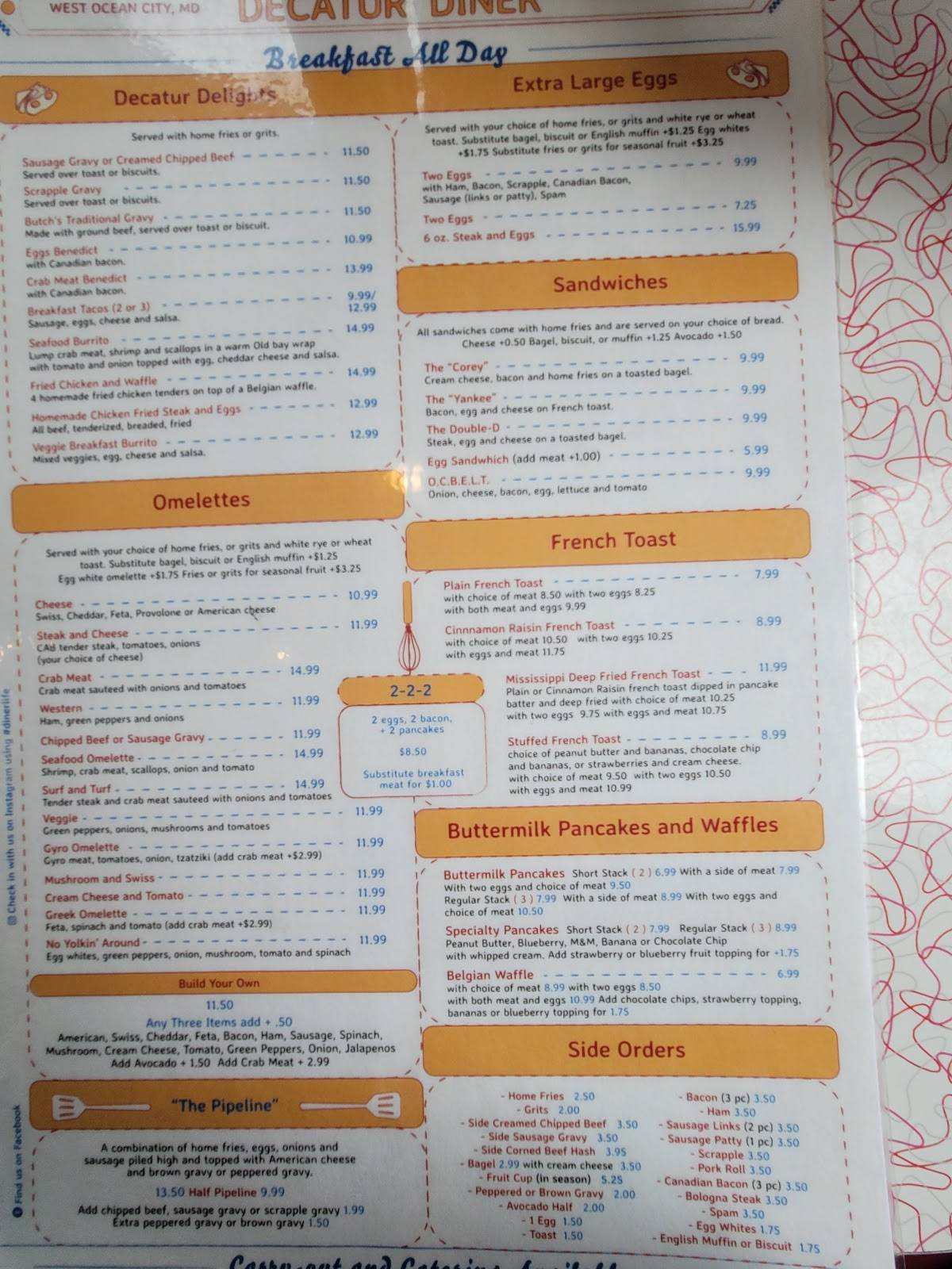 Menu at Decatur Diner restaurant, West Ocean City