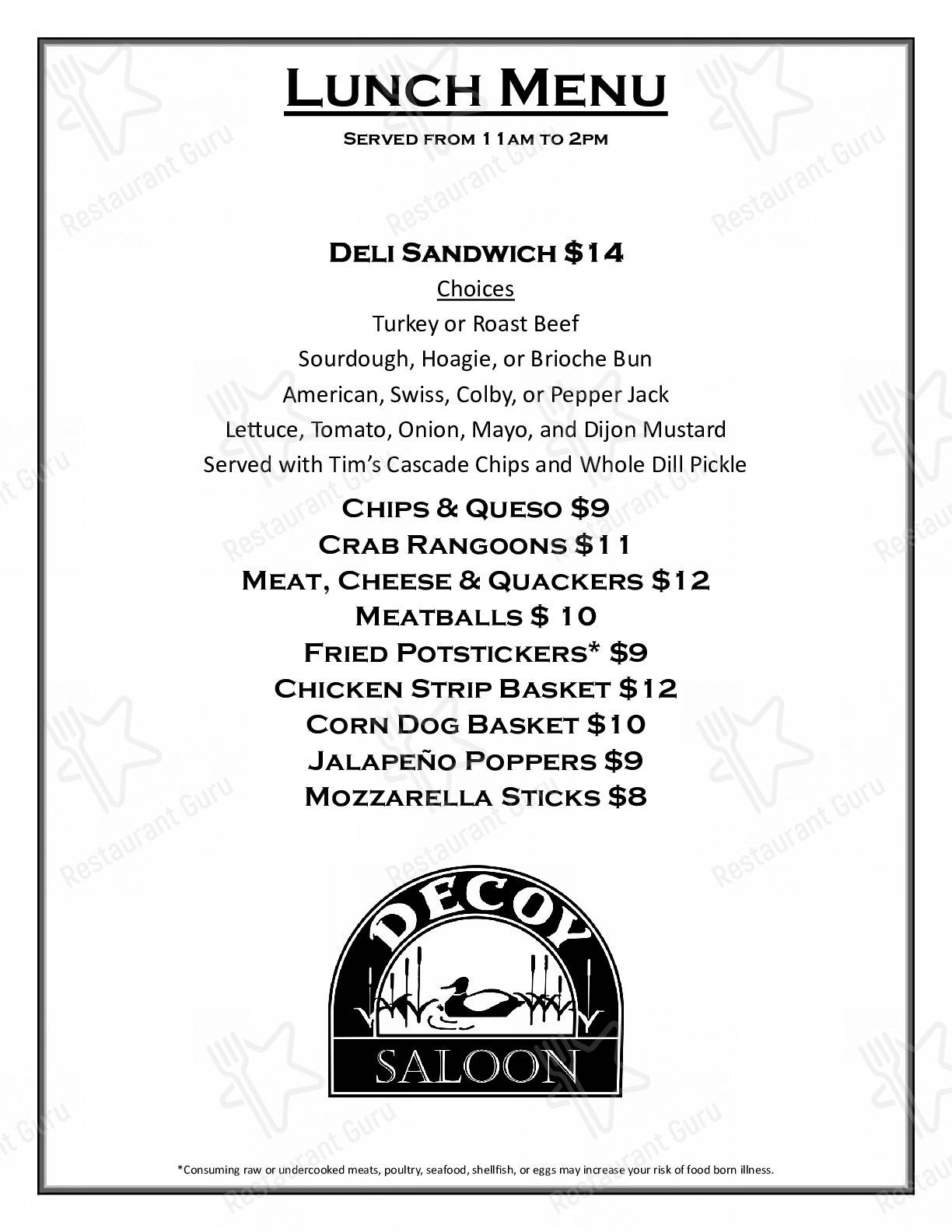 Menu at Decoy Saloon pub & bar, Portland