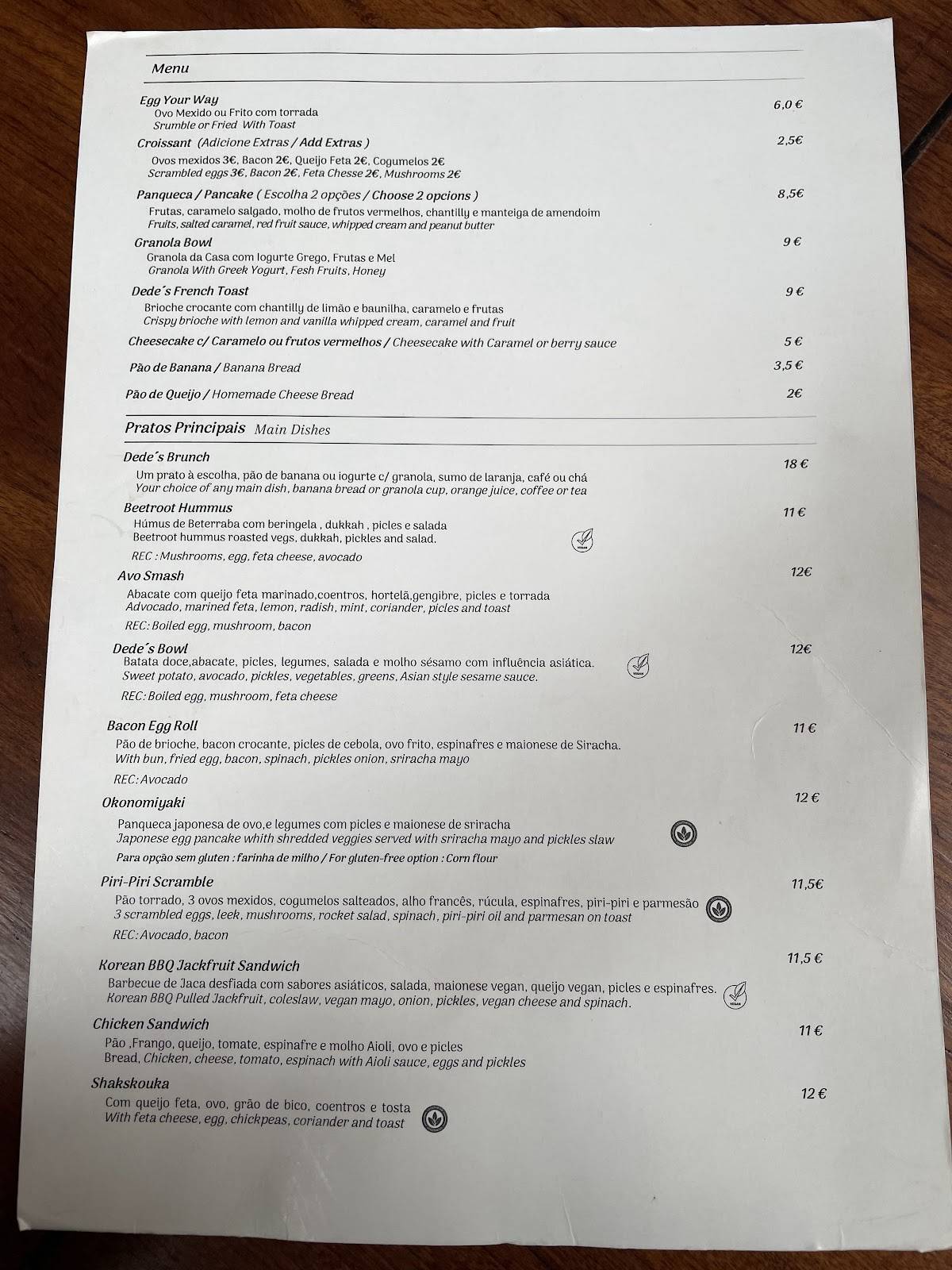 Menu em Dede's restaurante, Lisboa