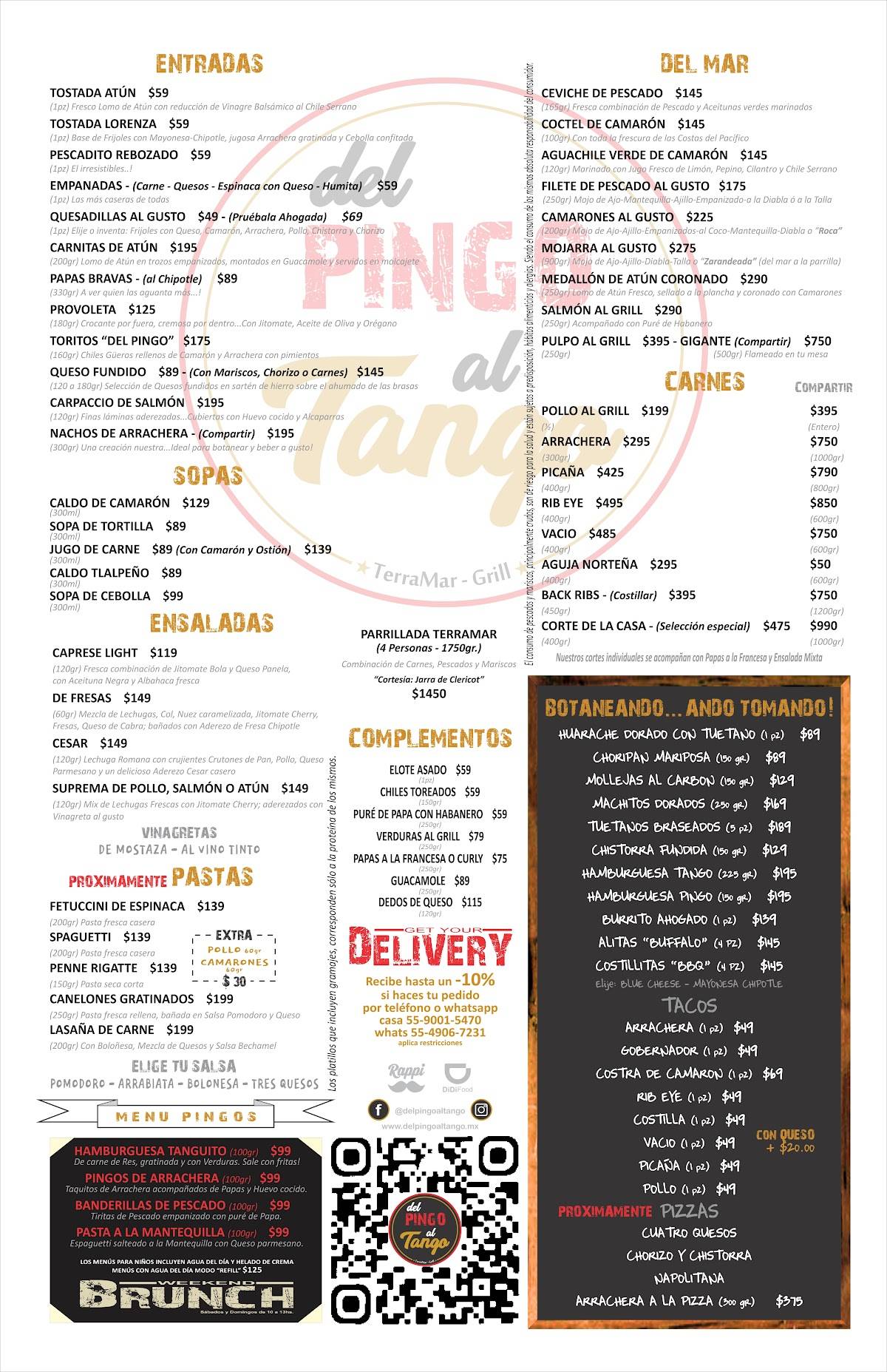 Carta del restaurante Del Pingo al Tango Del Valle, Ciudad del México