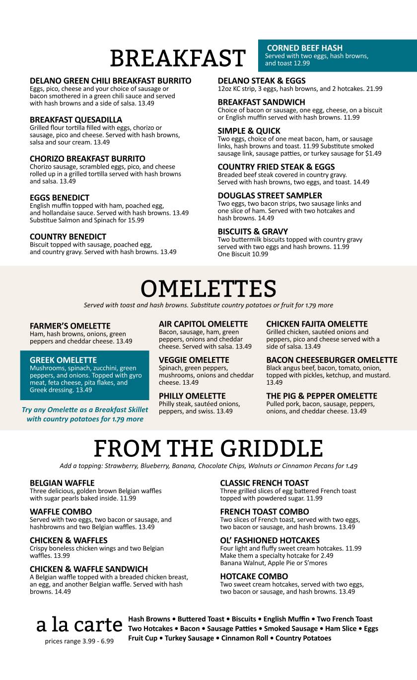Menu at Delano's Diner restaurant, Wichita