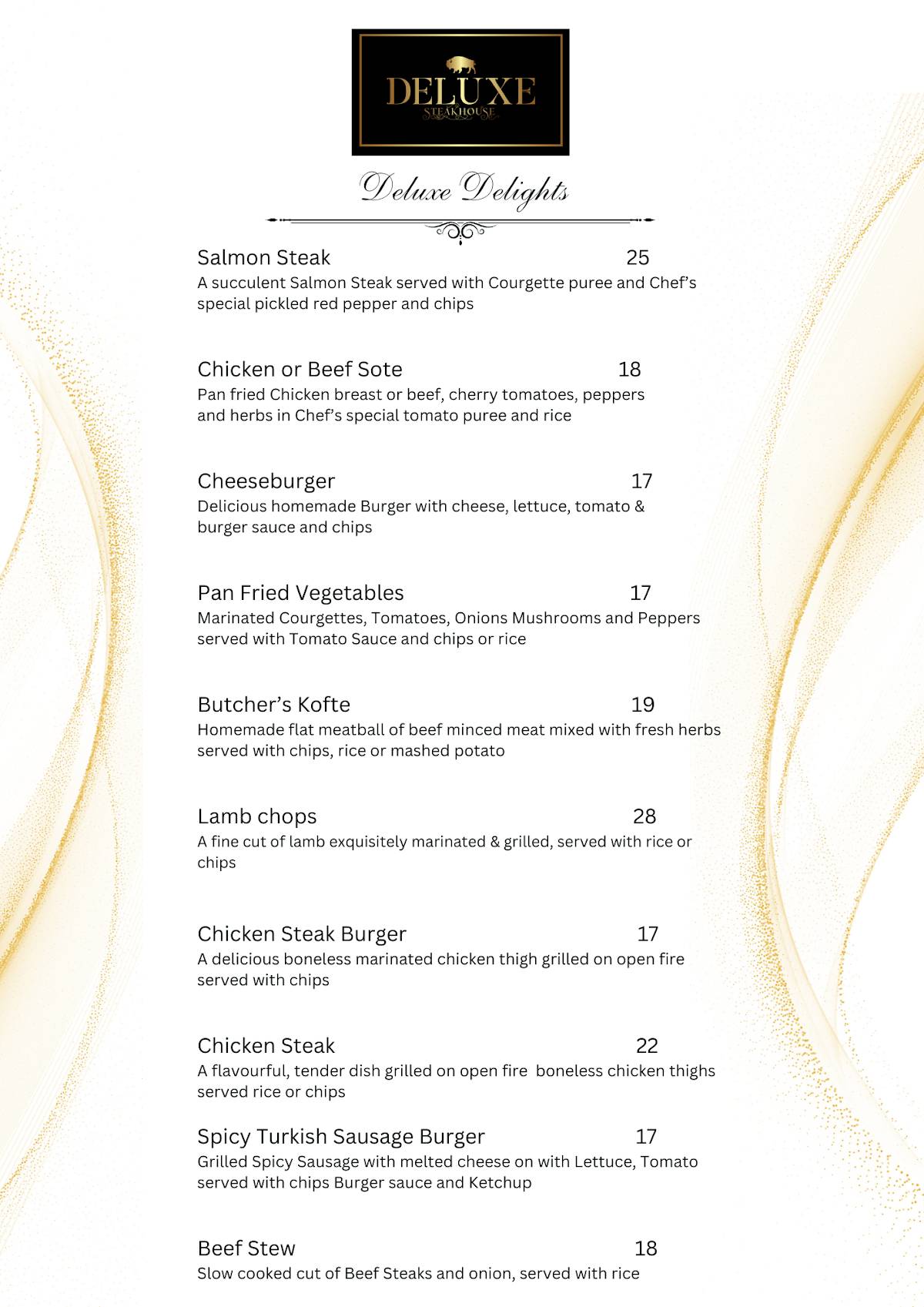 Menu at Deluxe Steakhouse Bideford, Bideford