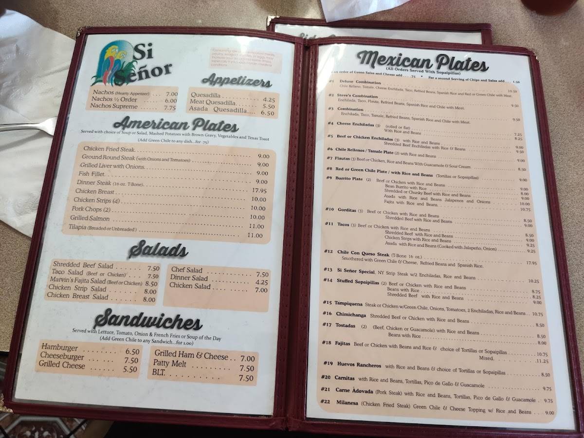 Menu at Si Señor restaurant, Deming