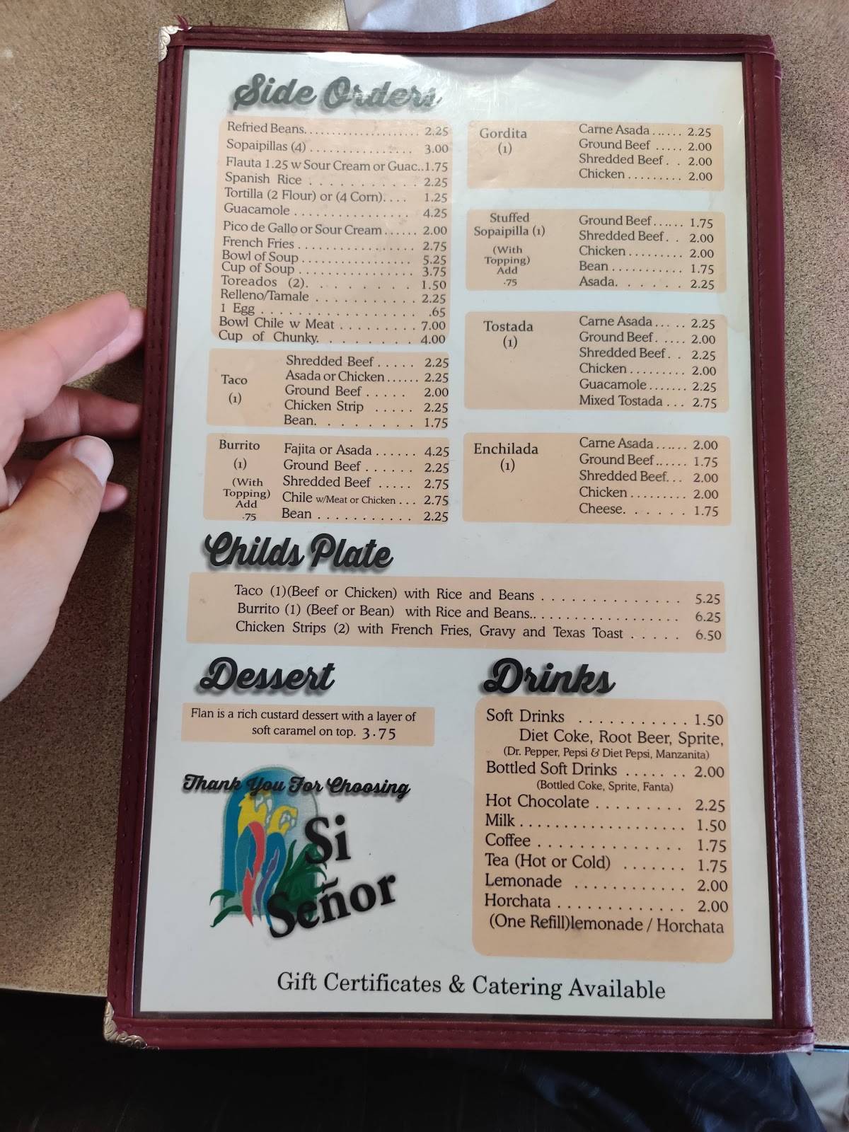 Menu at Si Señor restaurant, Deming