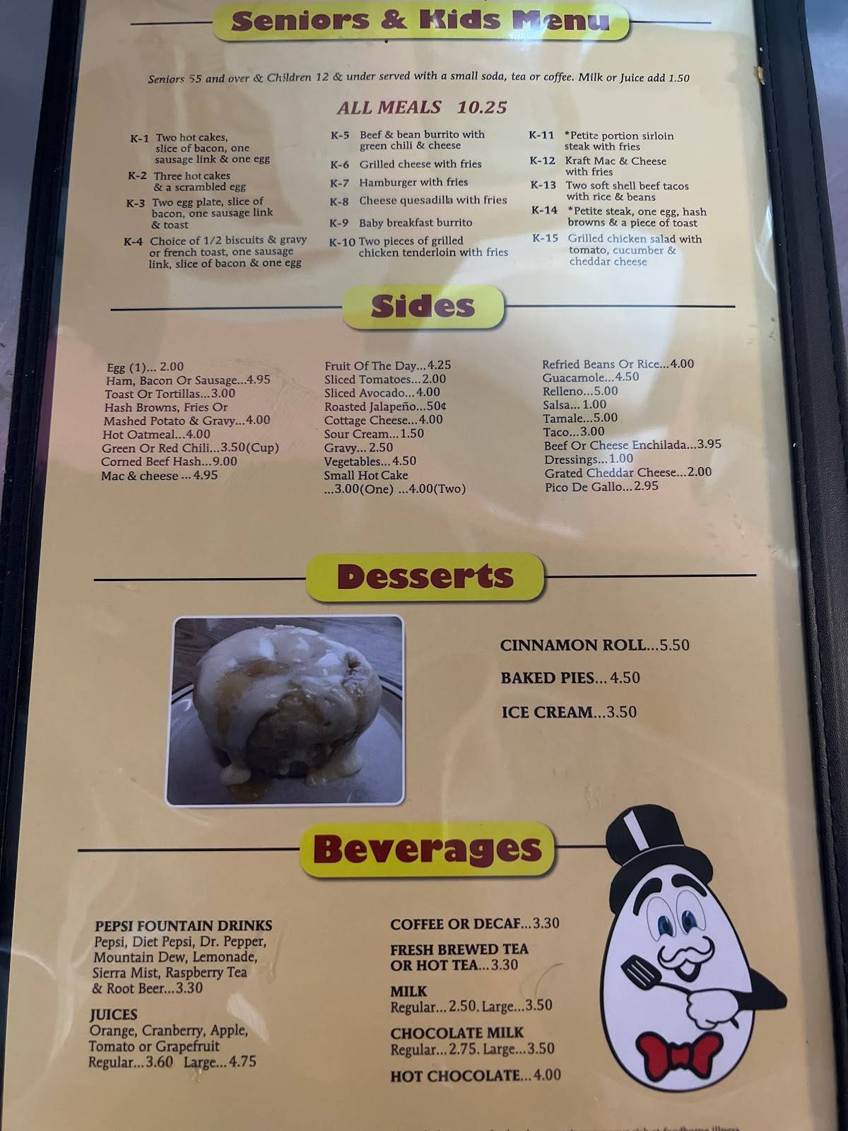 Menu at Mr. Egg restaurant, Denver