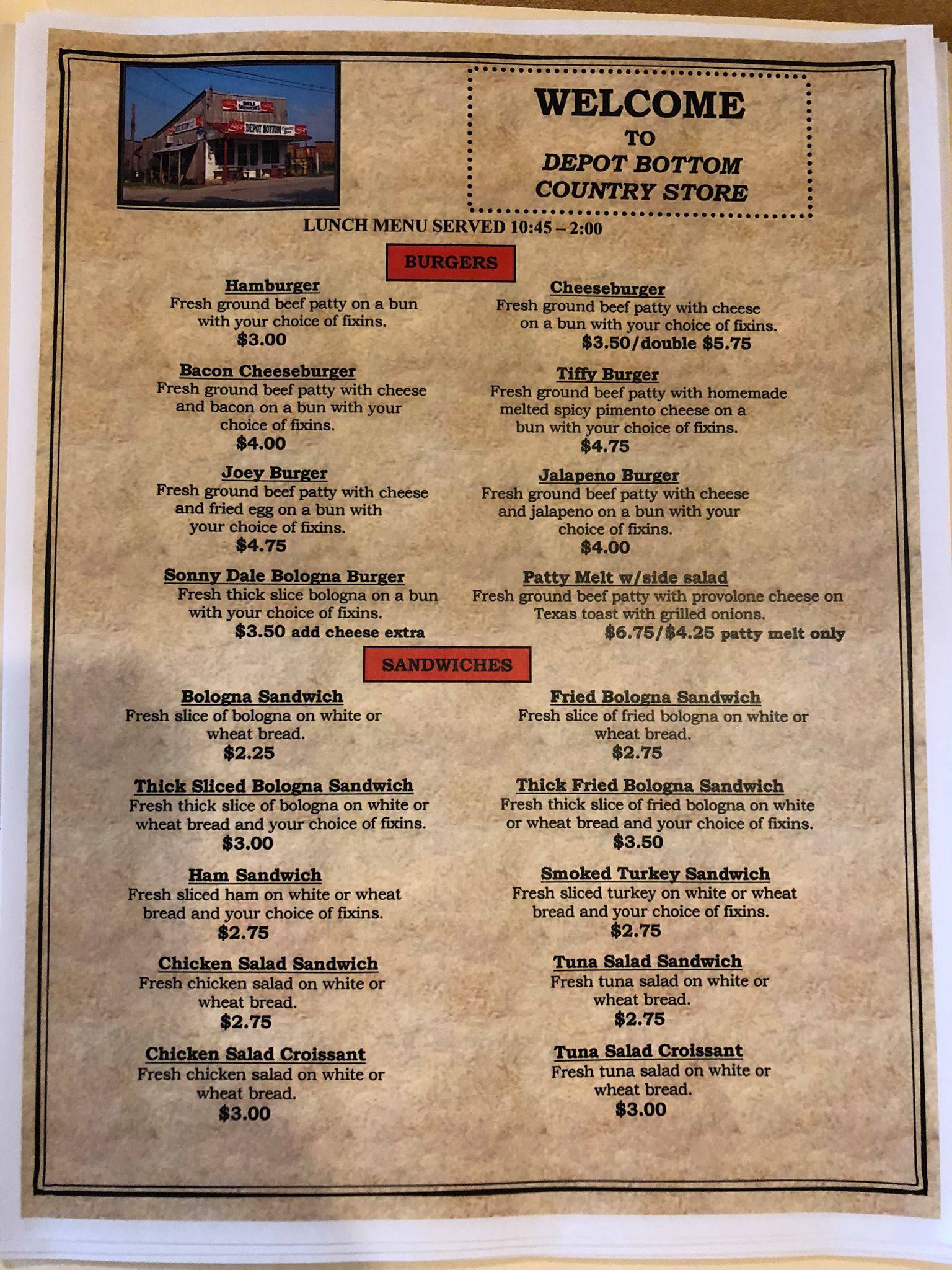 Menu at Depot Bottom Country Store cafe, McMinnville