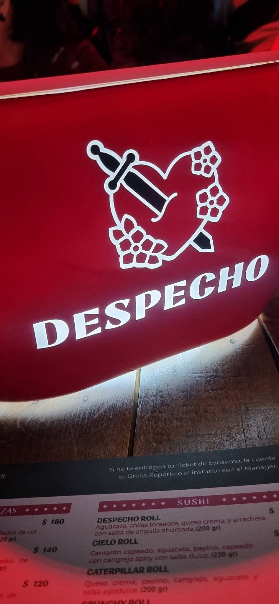 Carta del restaurante Despecho, Ciudad del México