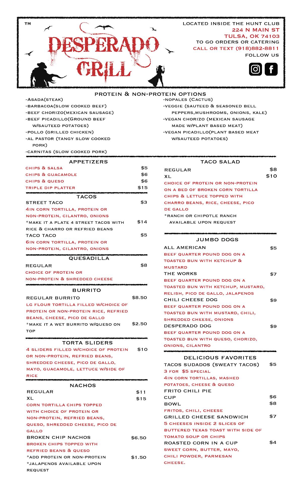 Menu at Desperado Grill pub & bar, Tulsa, Inside The Hunt Club