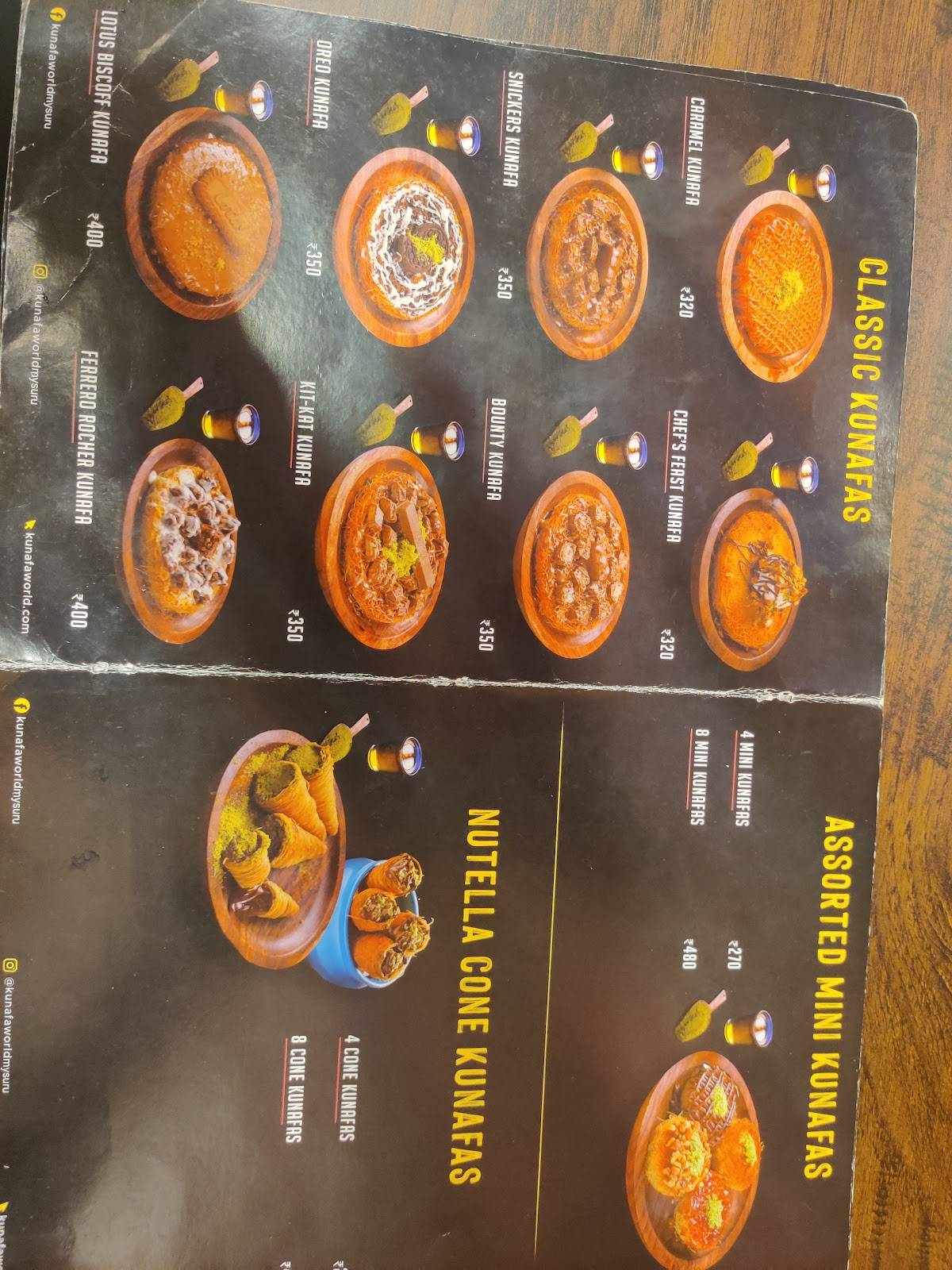 Menu at Kunafa World, Mysuru