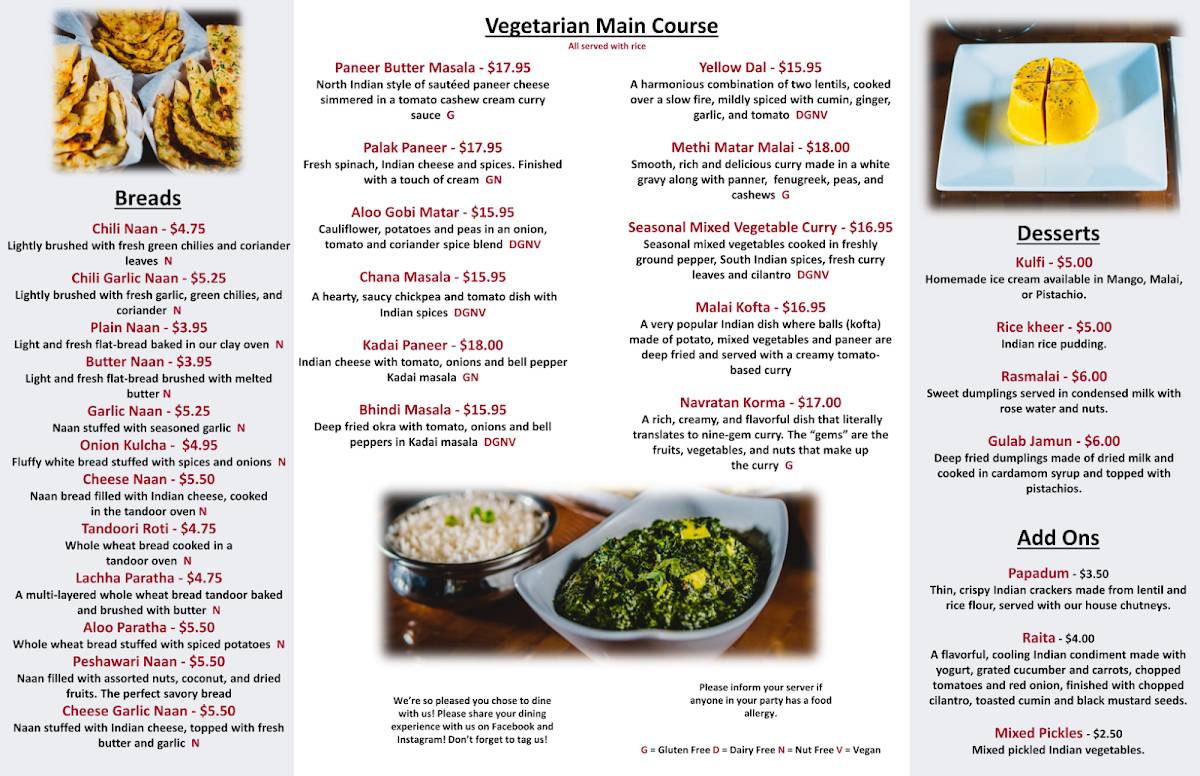 Carta de Destination India Restaurant & Bar Derry, NH, Derry